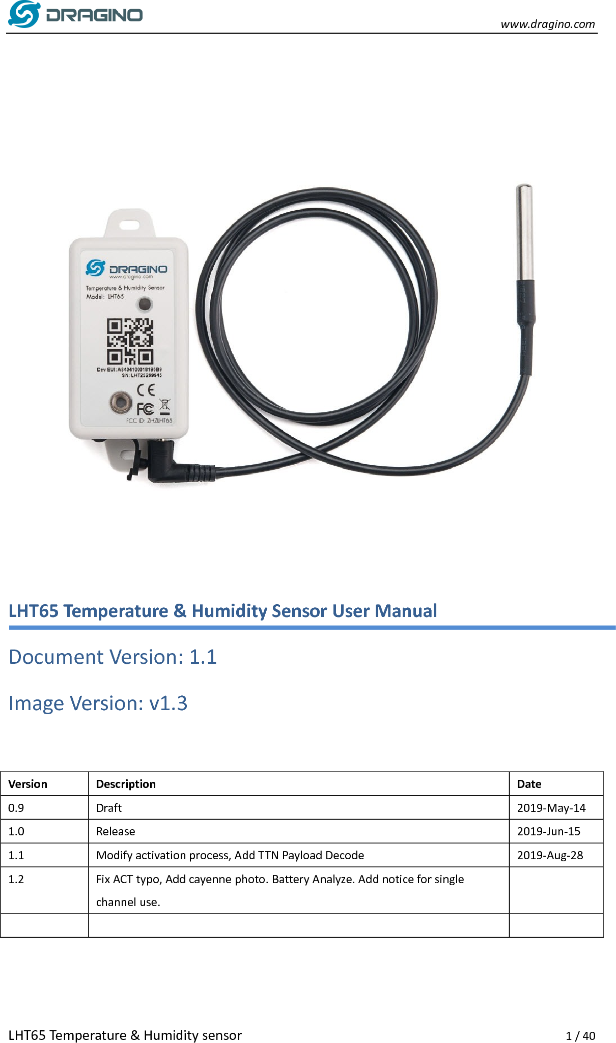 Dragino Technology LHT65 Temperature & Humidity Sensor User Manual