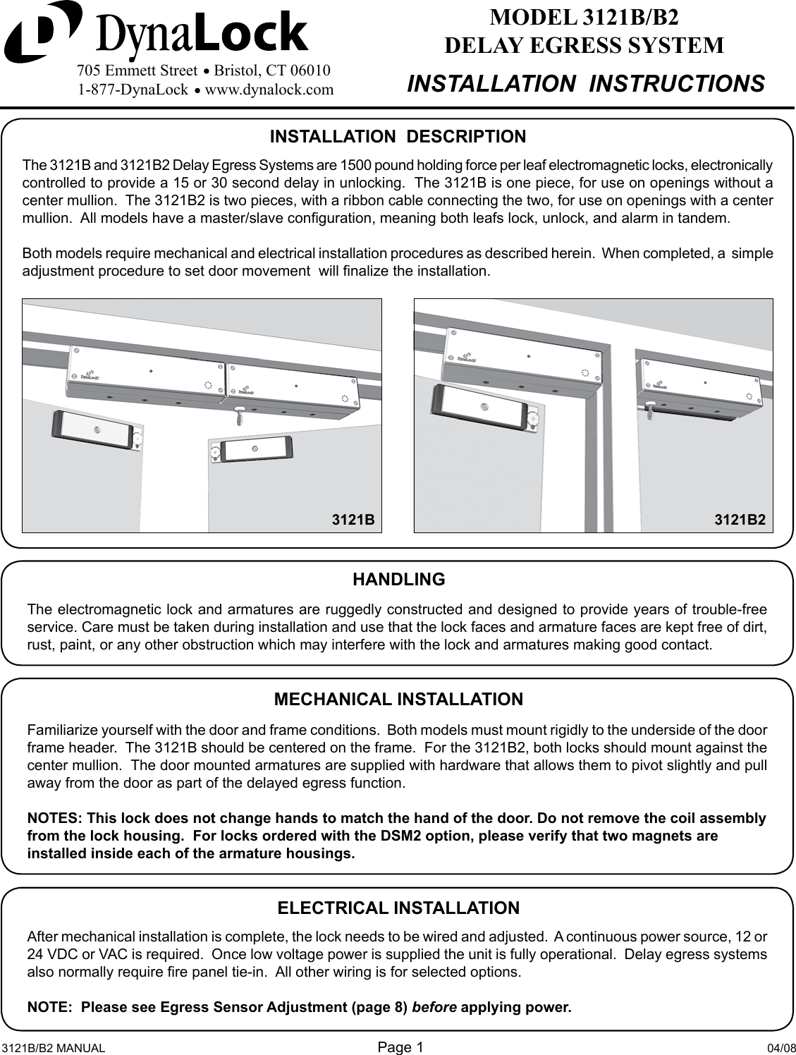 DynaLock 3121B/B2 Series Installation Instructions 3121B B2 IN