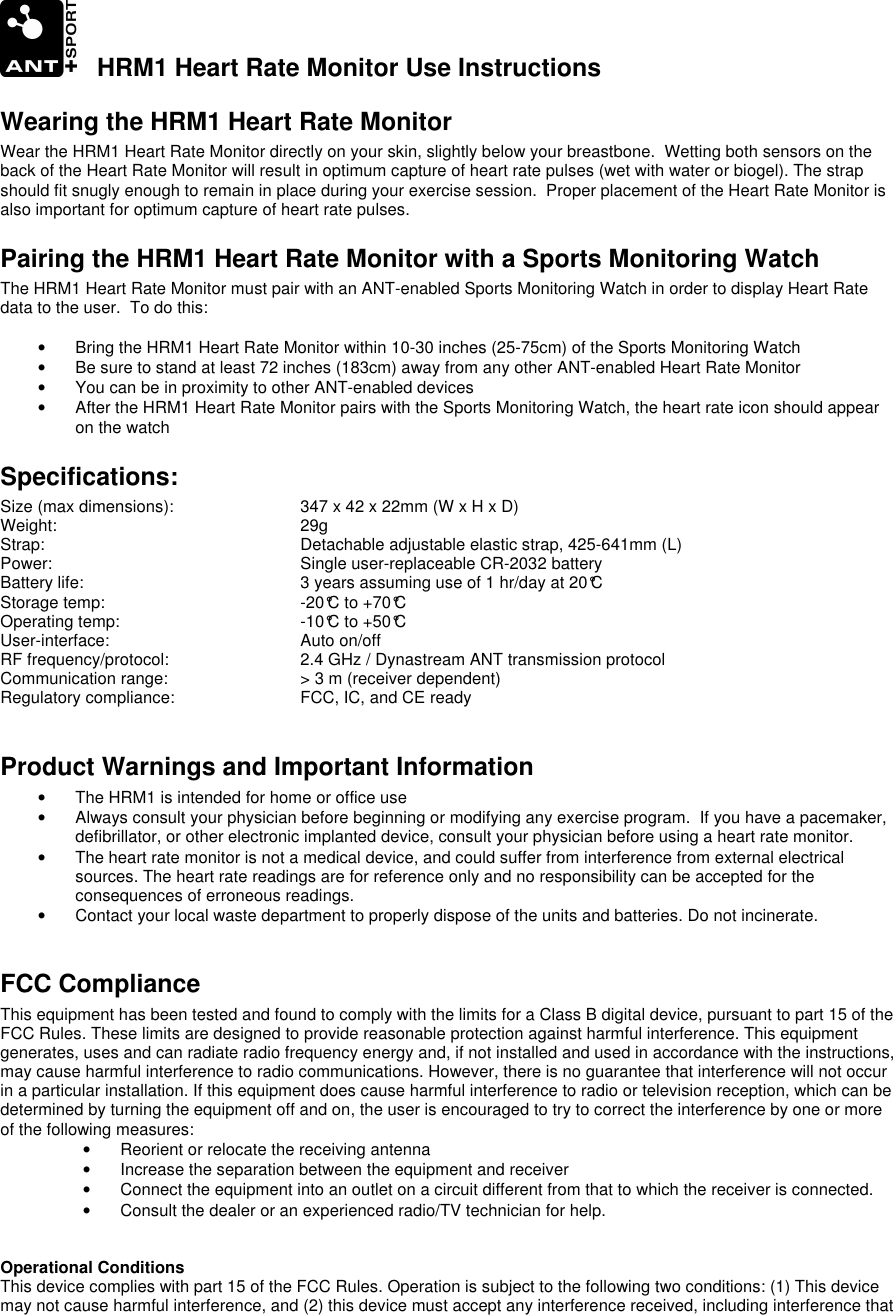 DynaStream Innovations HRM1B Heart Rate Monitor User Manual INSTRUCTION ...