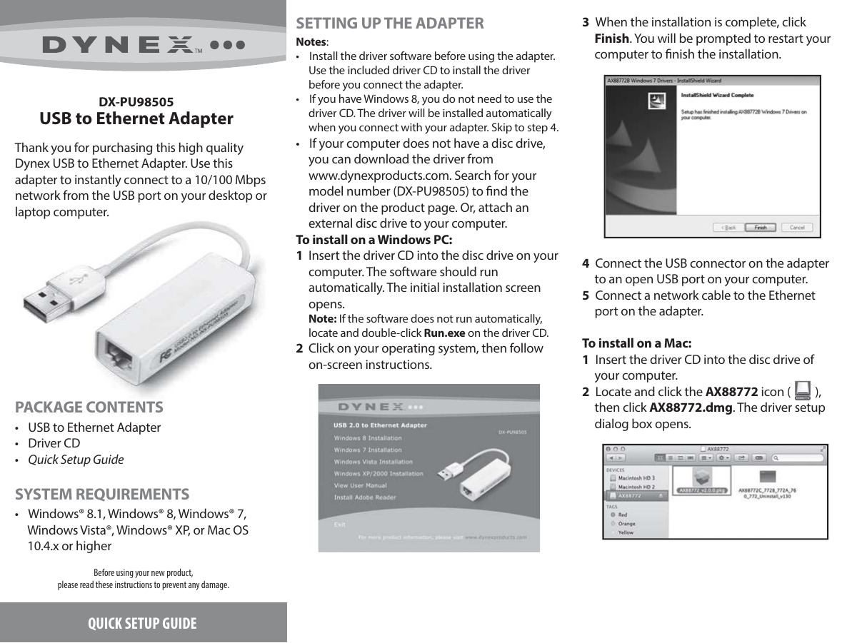 Dynex Usb 2 0 To Ethernet Adapter White Quick Setup Guide DX PU98505_14 0900_QSG_V1_EN