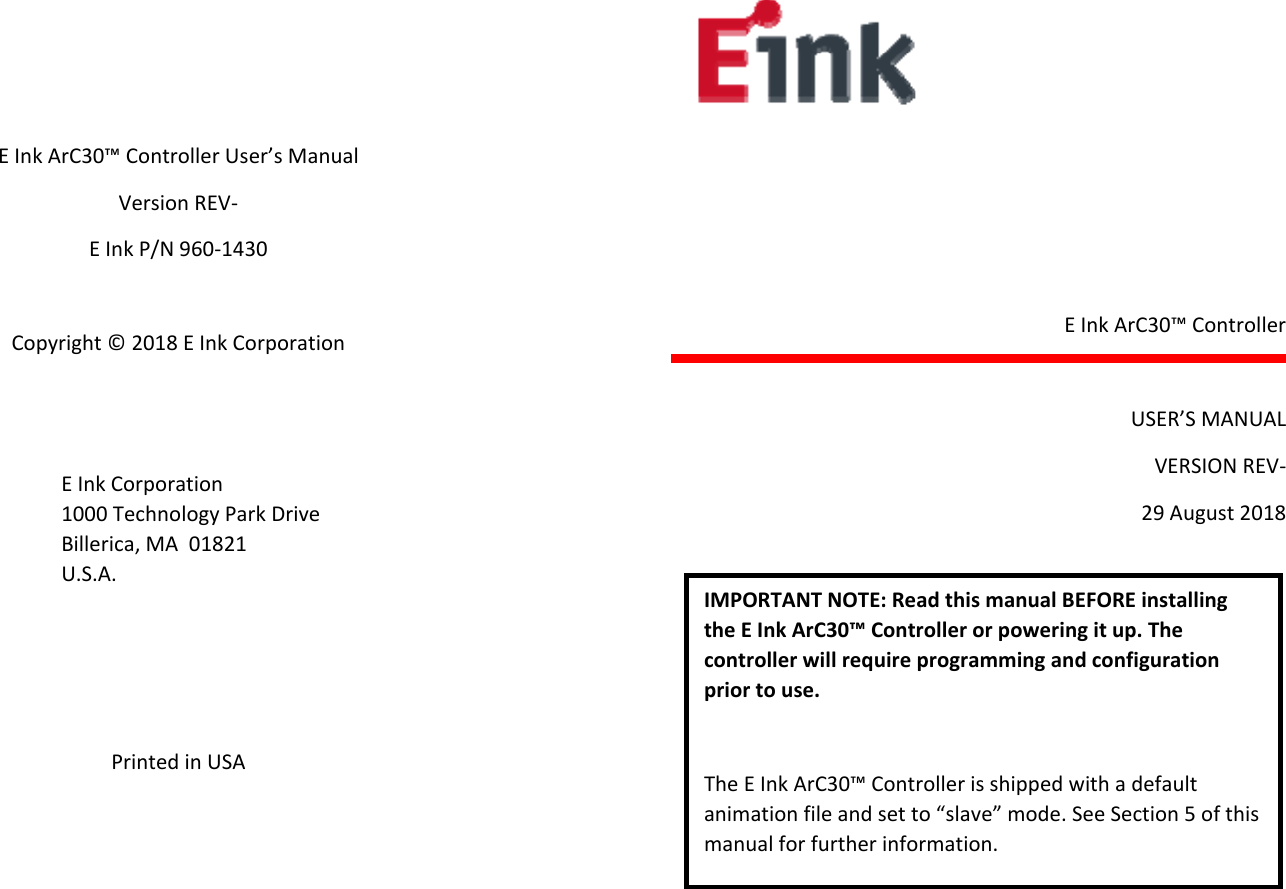 E Ink ARC00301 Prism Controller User Manual