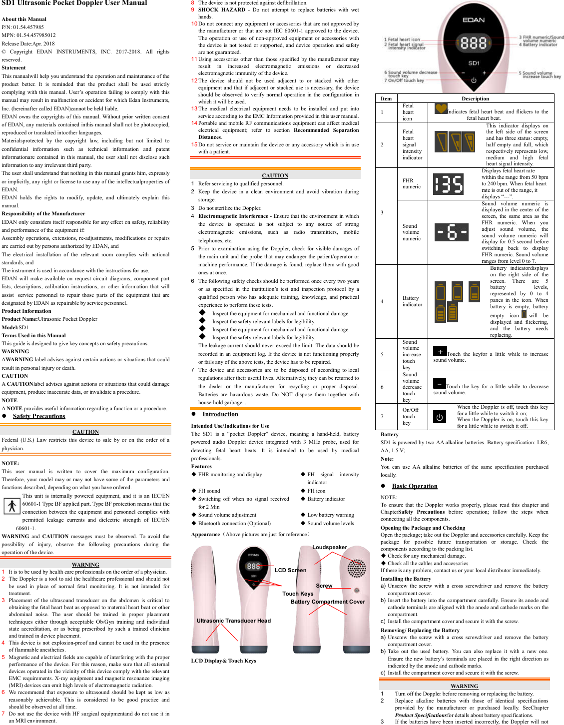 EDAN INSTRUMENTS SD1MEDAN Ultrasonic Pocket Doppler User Manual