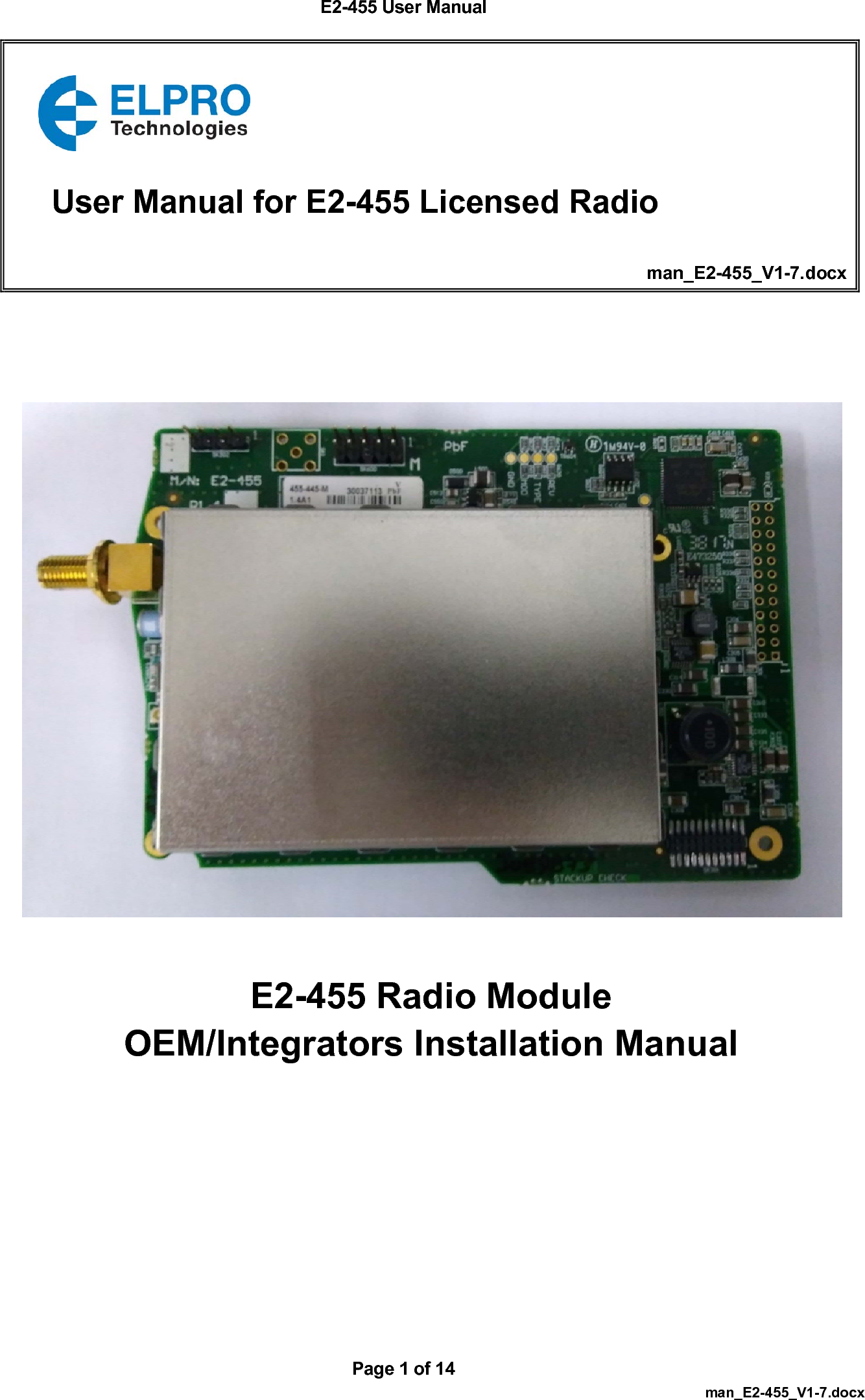 ELPRO Technologies E2-455C1 Licensed VHF Modular Transceiver User ...