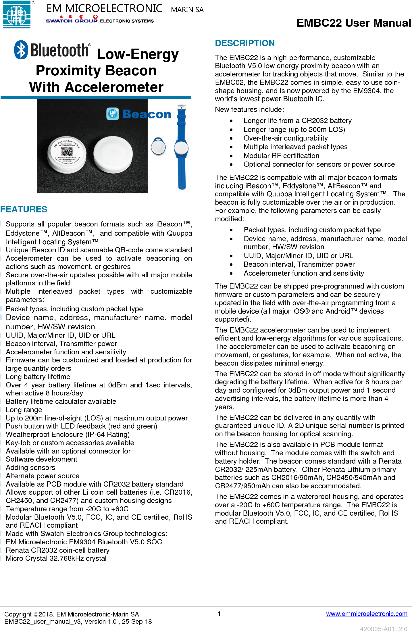 EM Microelectronic Marin EMBC22 BLE beacon module User Manual