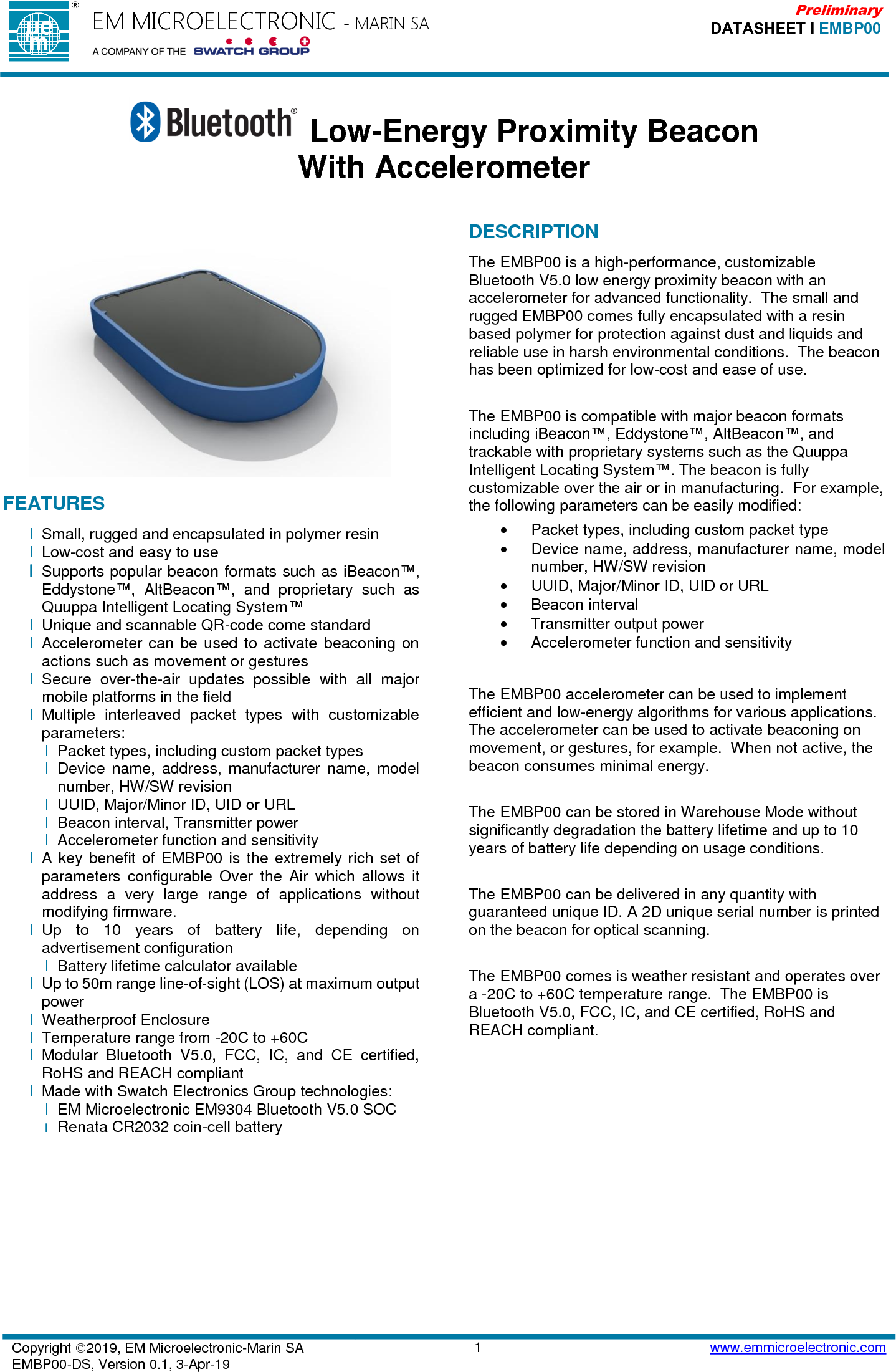 EM Microelectronic Marin EMBP0 Bluetooth low energy proximity beacon ...