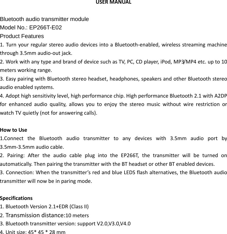 EPPLOS ELECTRONICS EP266T-E02 Bluetooth audio transmitter module User ...