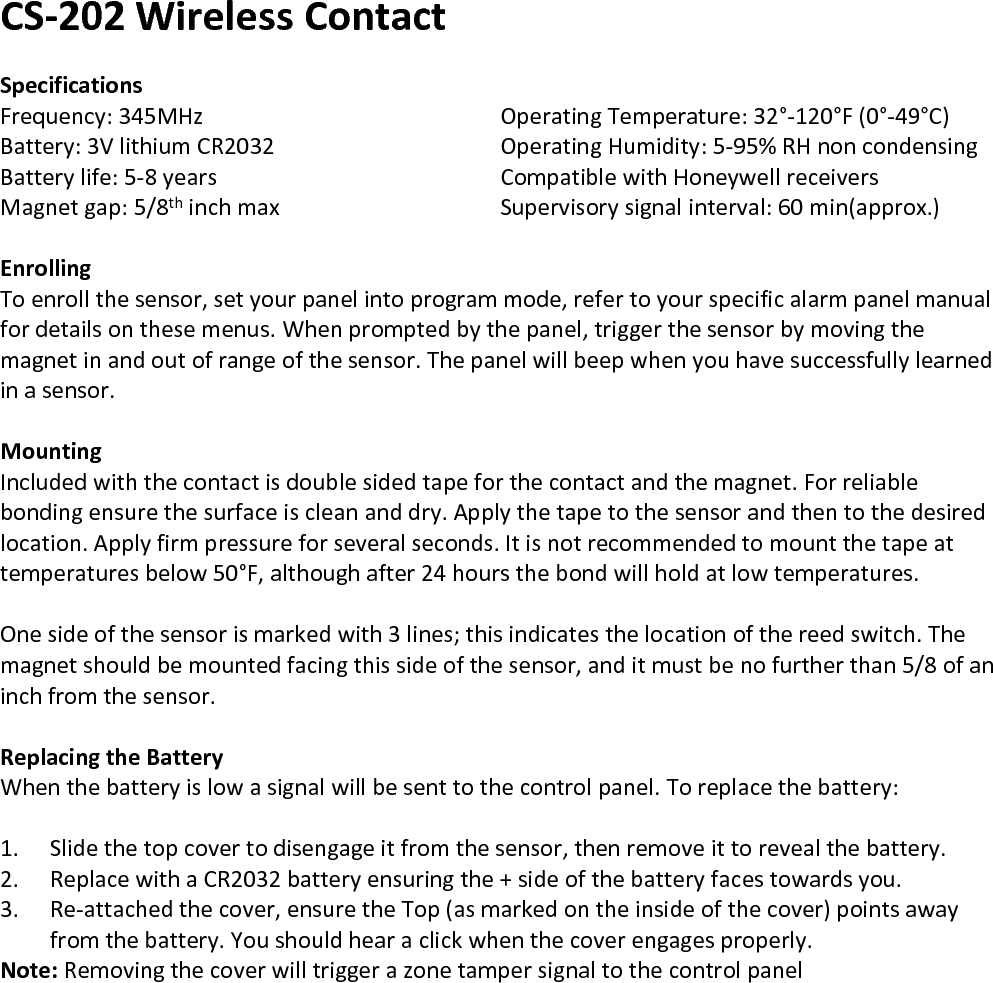 Ecolink Intelligent Technology Wst212 Wireless Security Door Window Sensor User Manual