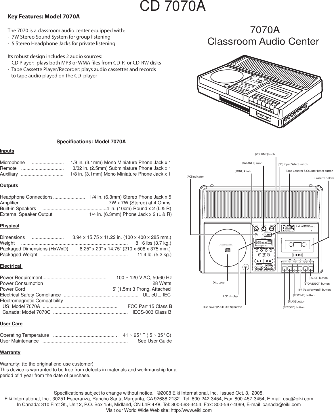 Eiki Classroom Audio Center 7070A Users Manual