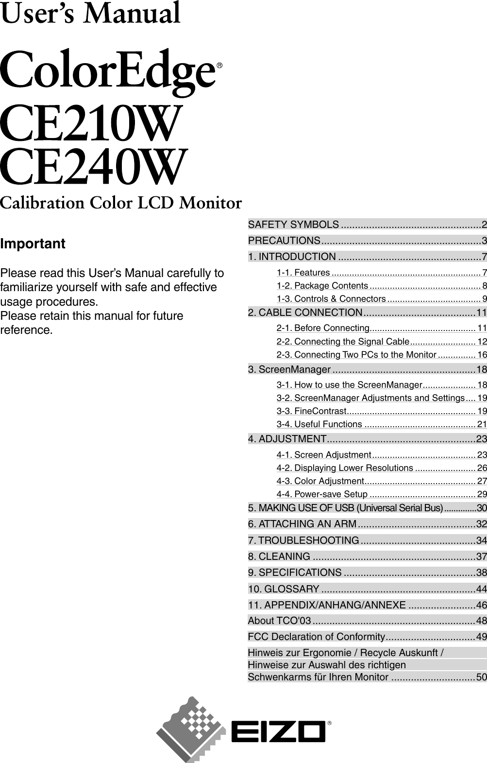Eizo Nanao Computer Monitor Ce240W Users Manual ColorEdge CE210W/CE240 ...