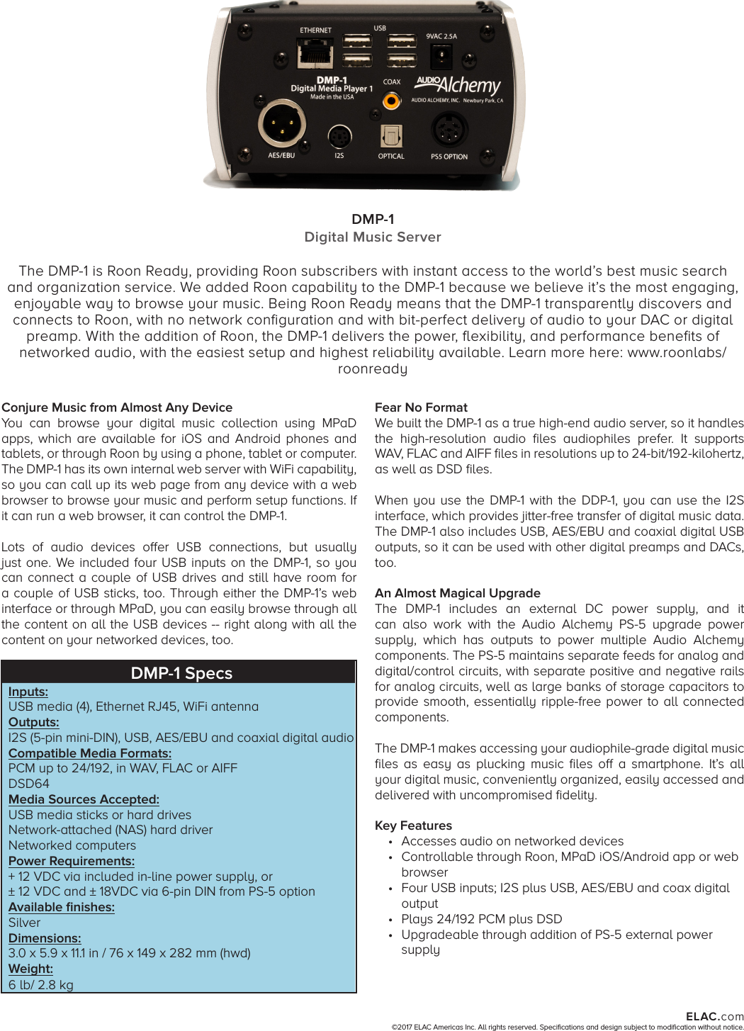Elac Alchemy Dmp 1 Sell Sheet User Manual