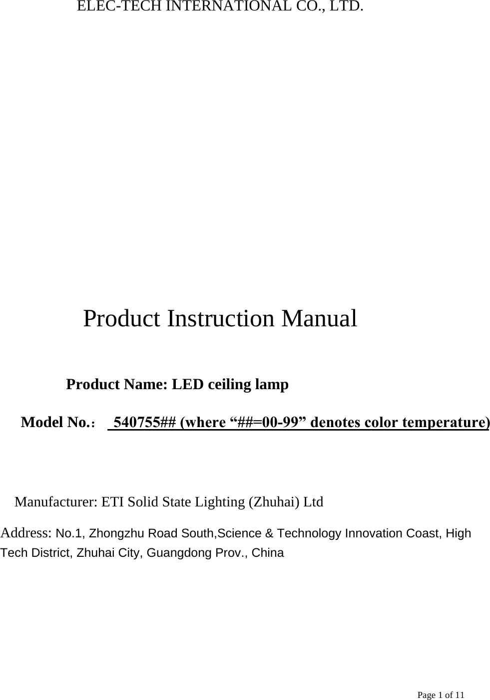 Elec Tech 5407552018 LED ceiling lamp User Manual