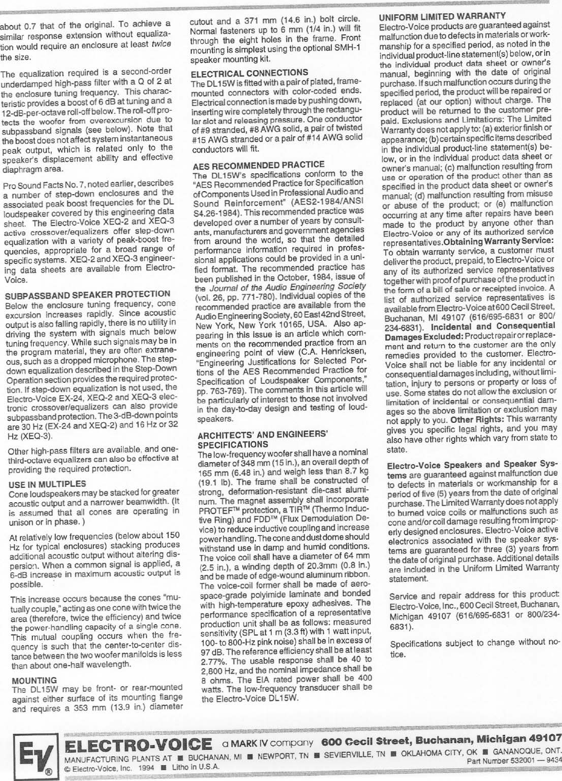 Electro Voice Dl15W Users Manual EDS