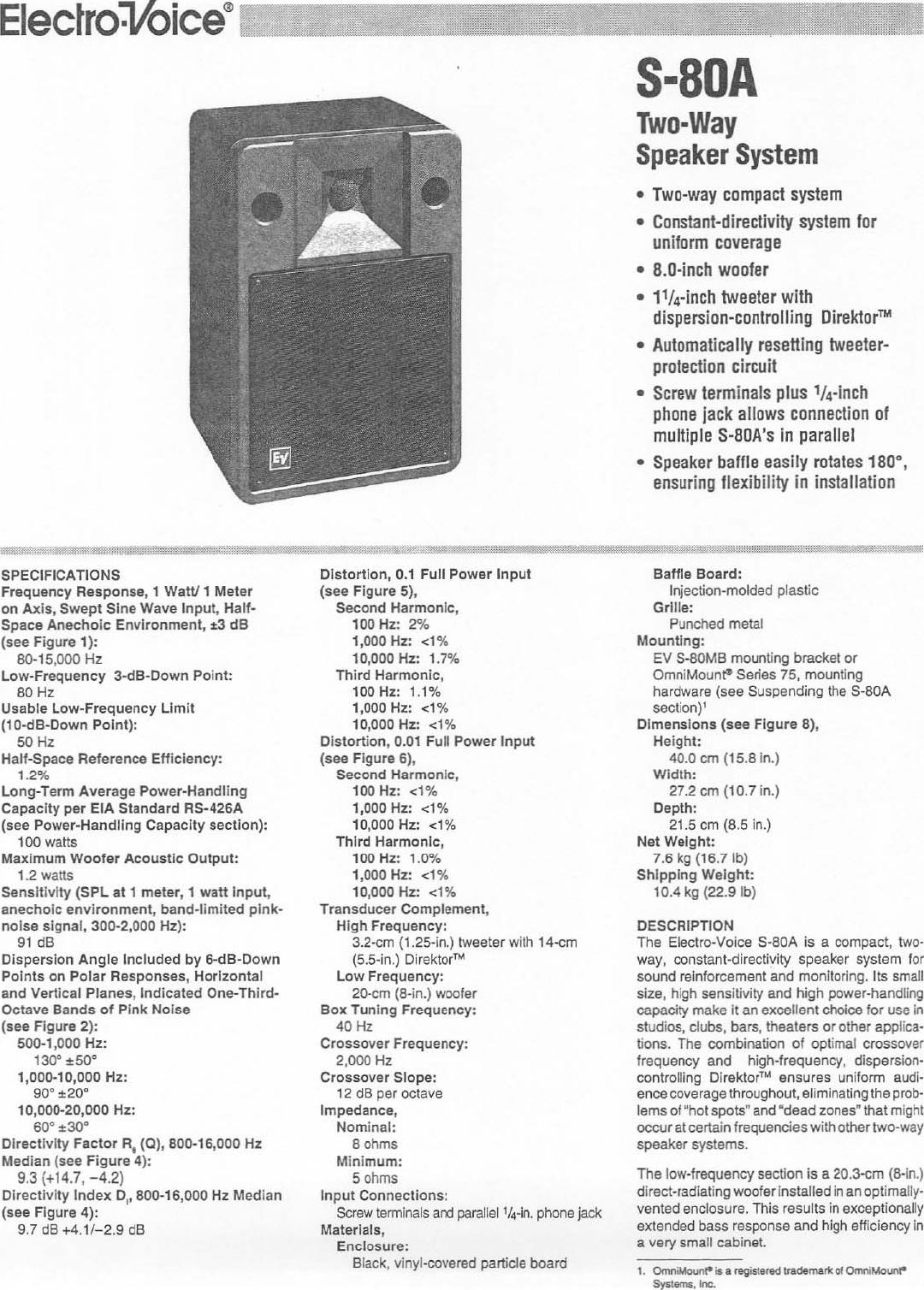 Electro Voice Two Way Speaker System S 80A Users Manual EDS