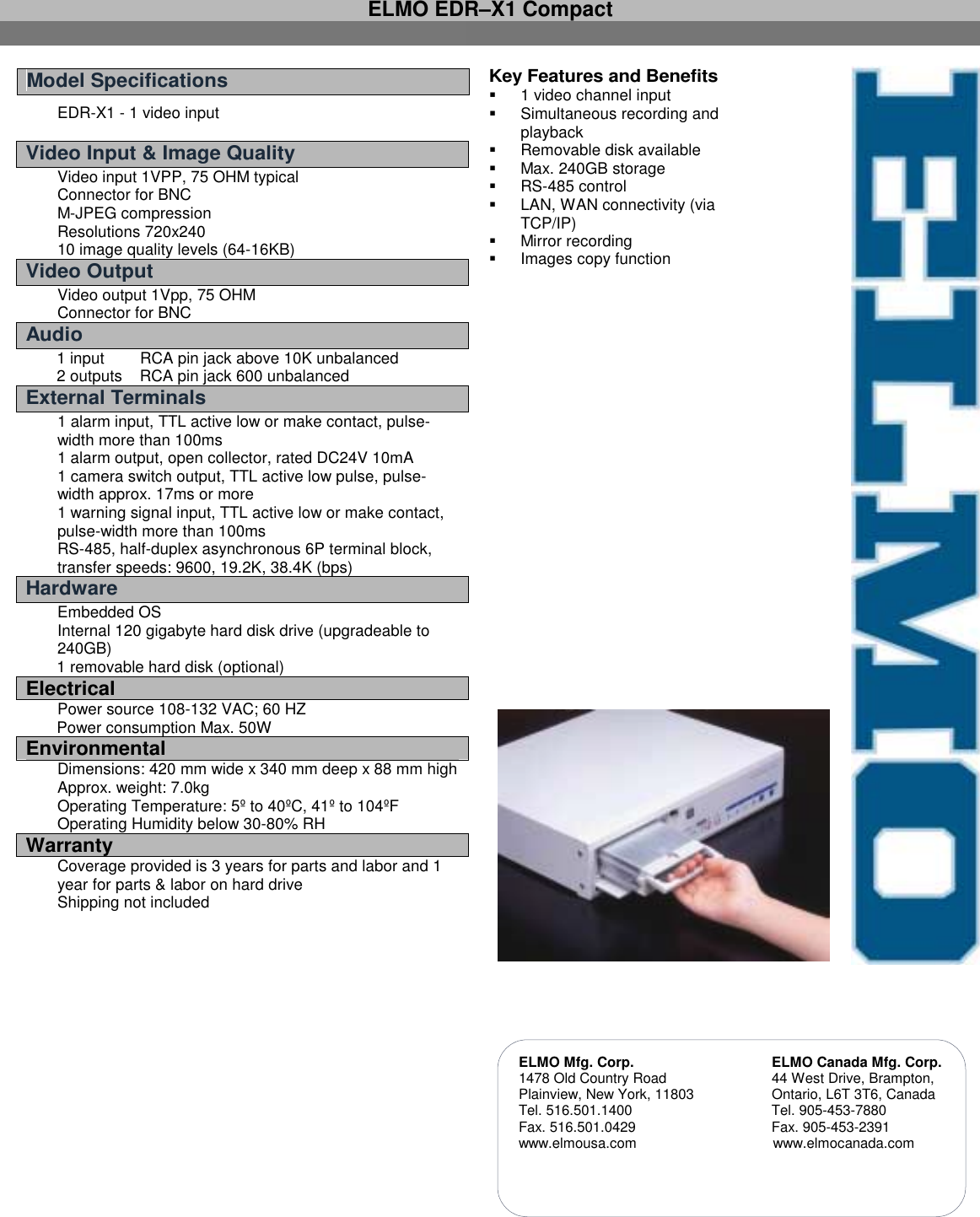 Elmo Edr X1 Users Manual EDR–X109 Compact