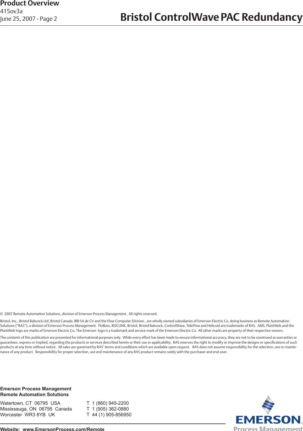 Emerson Process Management Bristol Controlwave Pac Redundancy Users Manual