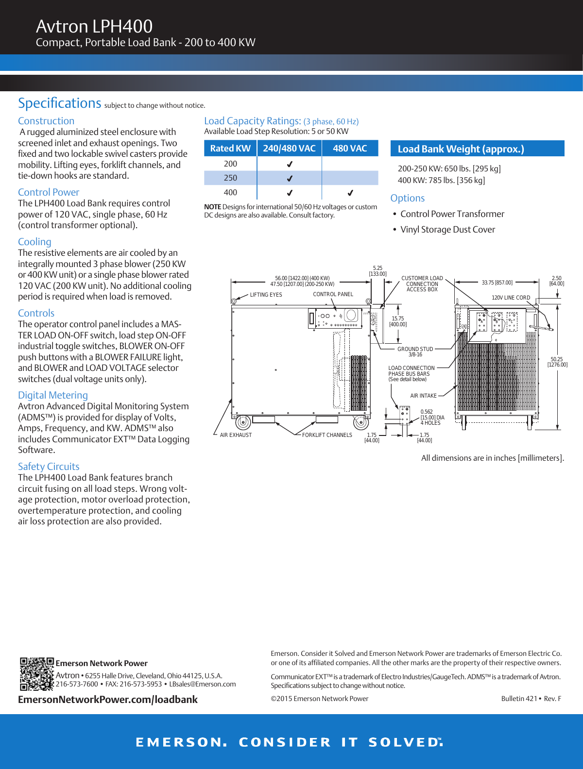 Emerson 200 400 Kw Lph200 Lph400 Load Bank Brochures And Data Sheets