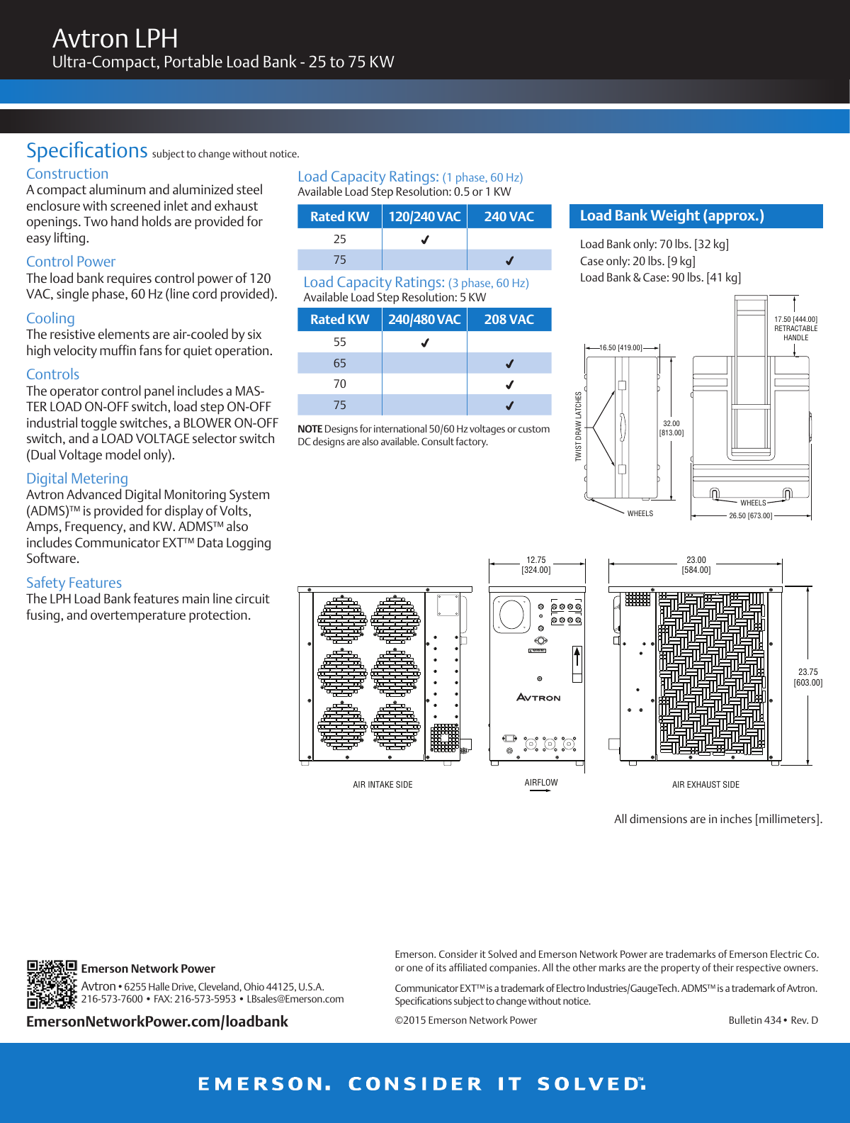 Emerson 25 75 Kw Single Phase Lph Series Load Bank Brochures And Data ...