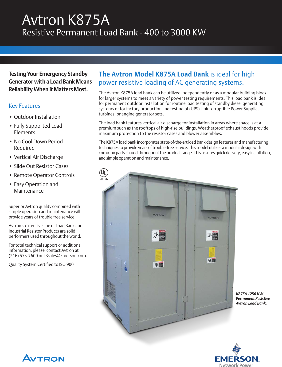 Emerson 500 3000 Kw K875A Load Bank Brochures And Data Sheets