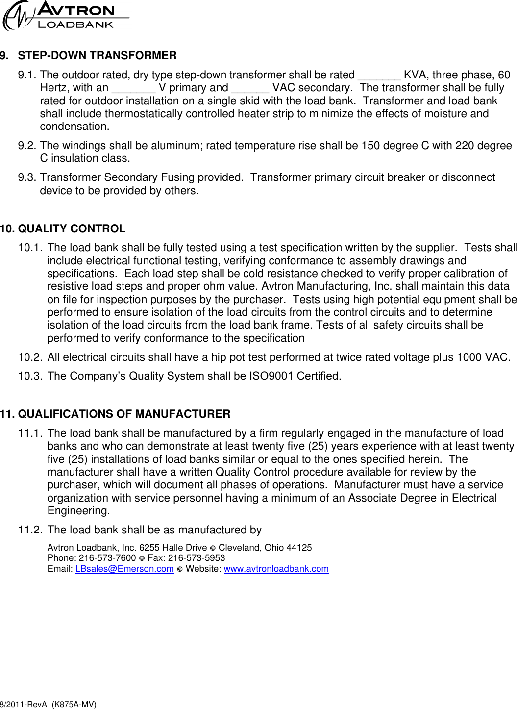 Emerson 500 3000 Kw K875A Mv Load Bank Technical Specifications Medium ...