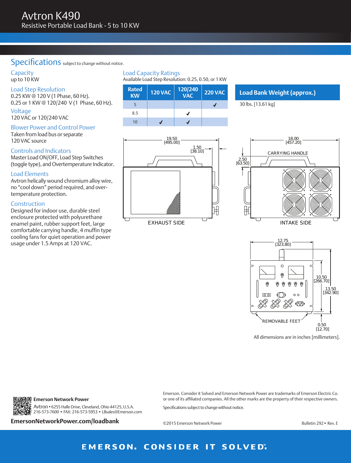 Emerson 5 10 Kw K490 Load Bank Brochures And Data Sheets