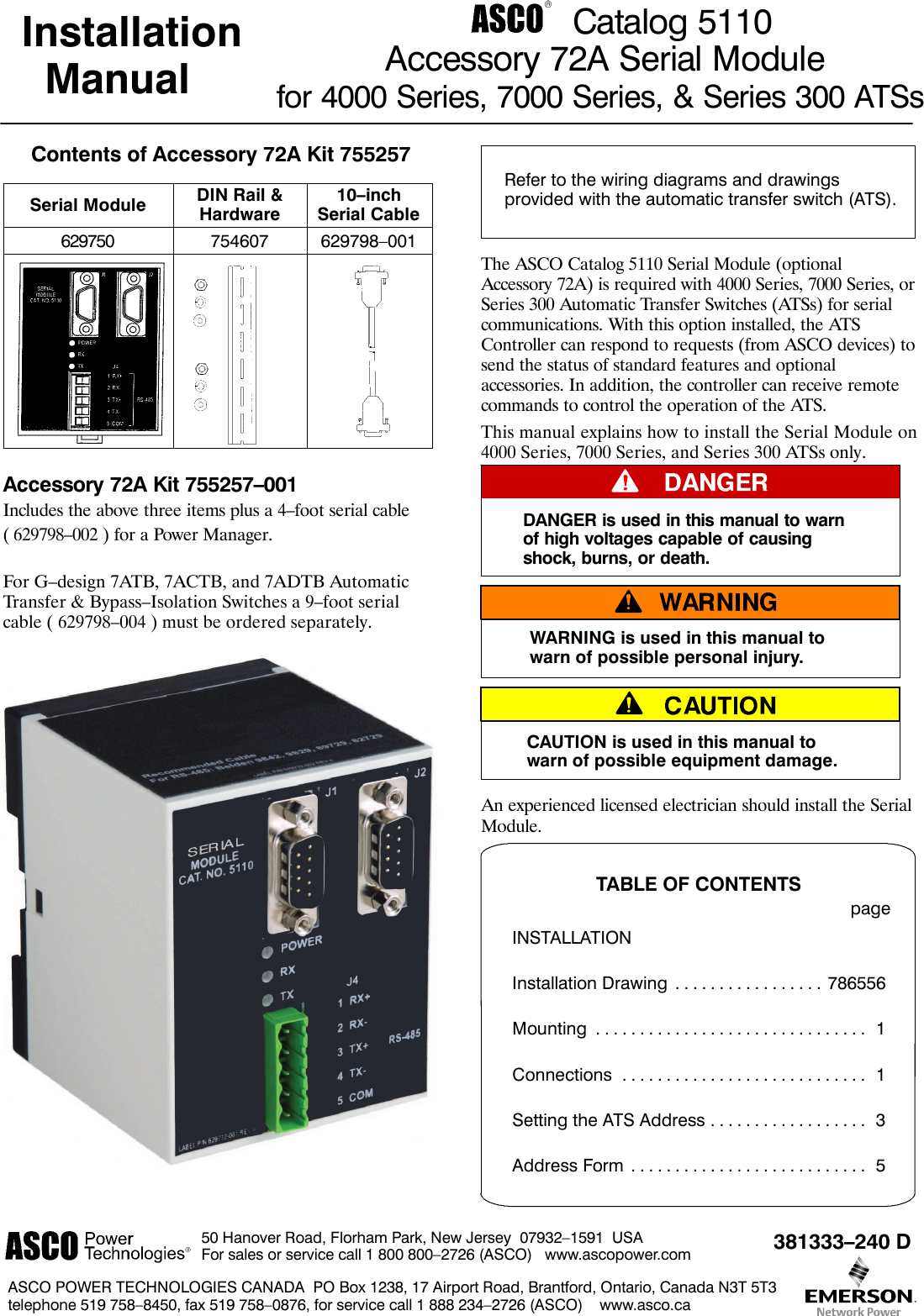 Emerson Asco 5110 Serial Interface Module Acc 72A Installation Manual 240d0