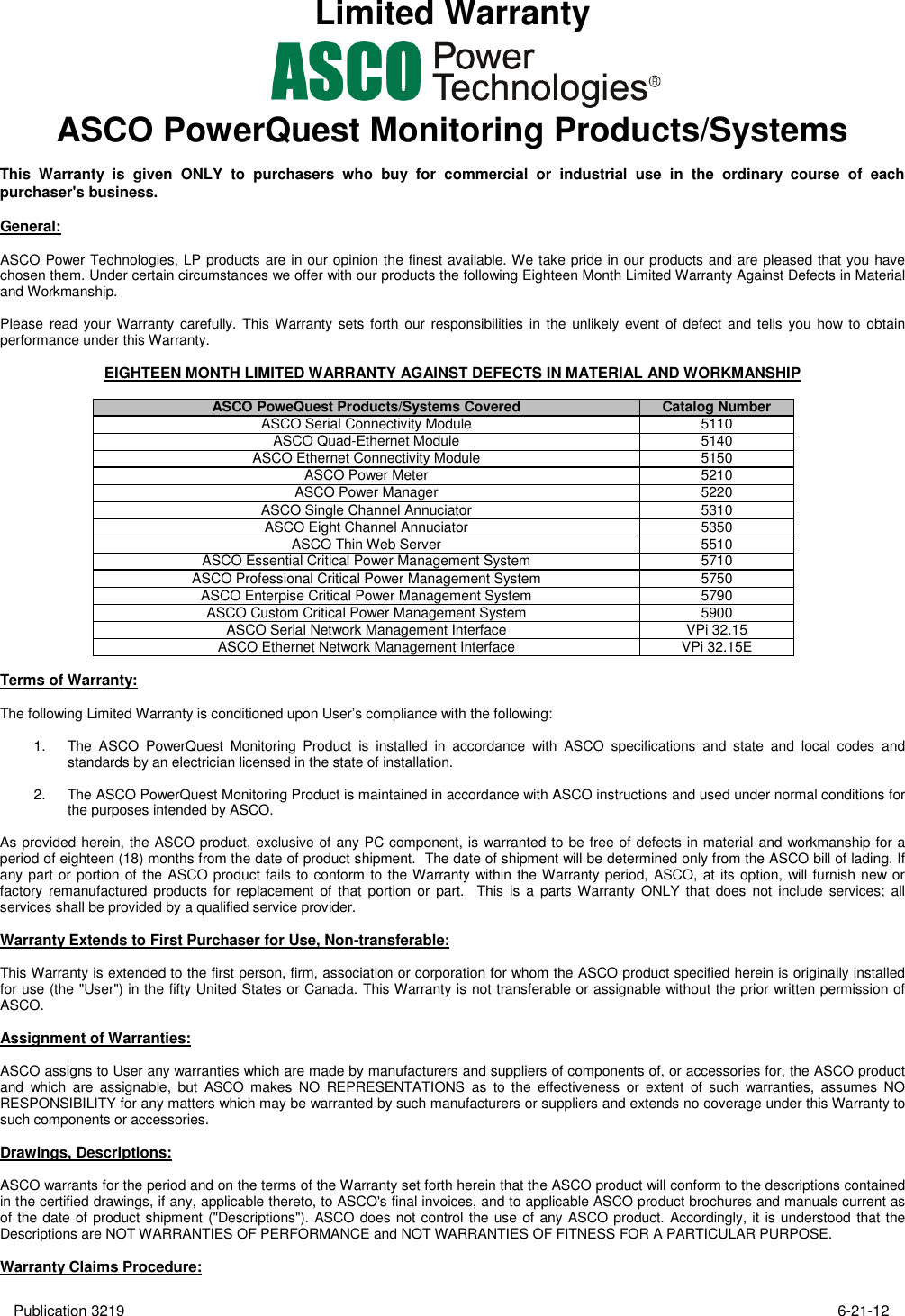 Emerson Asco 5140 Quad Ethernet Module Acc 72Ee Warranties