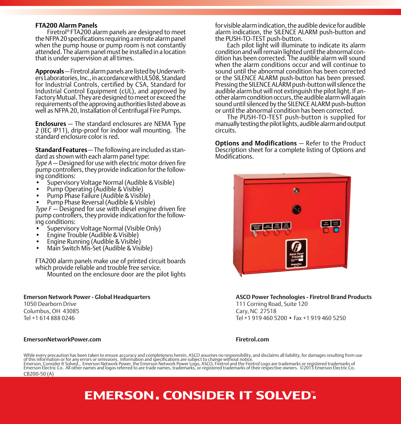Emerson Firetrol Fta200 A Alarm Panels Brochures And Data Sheets