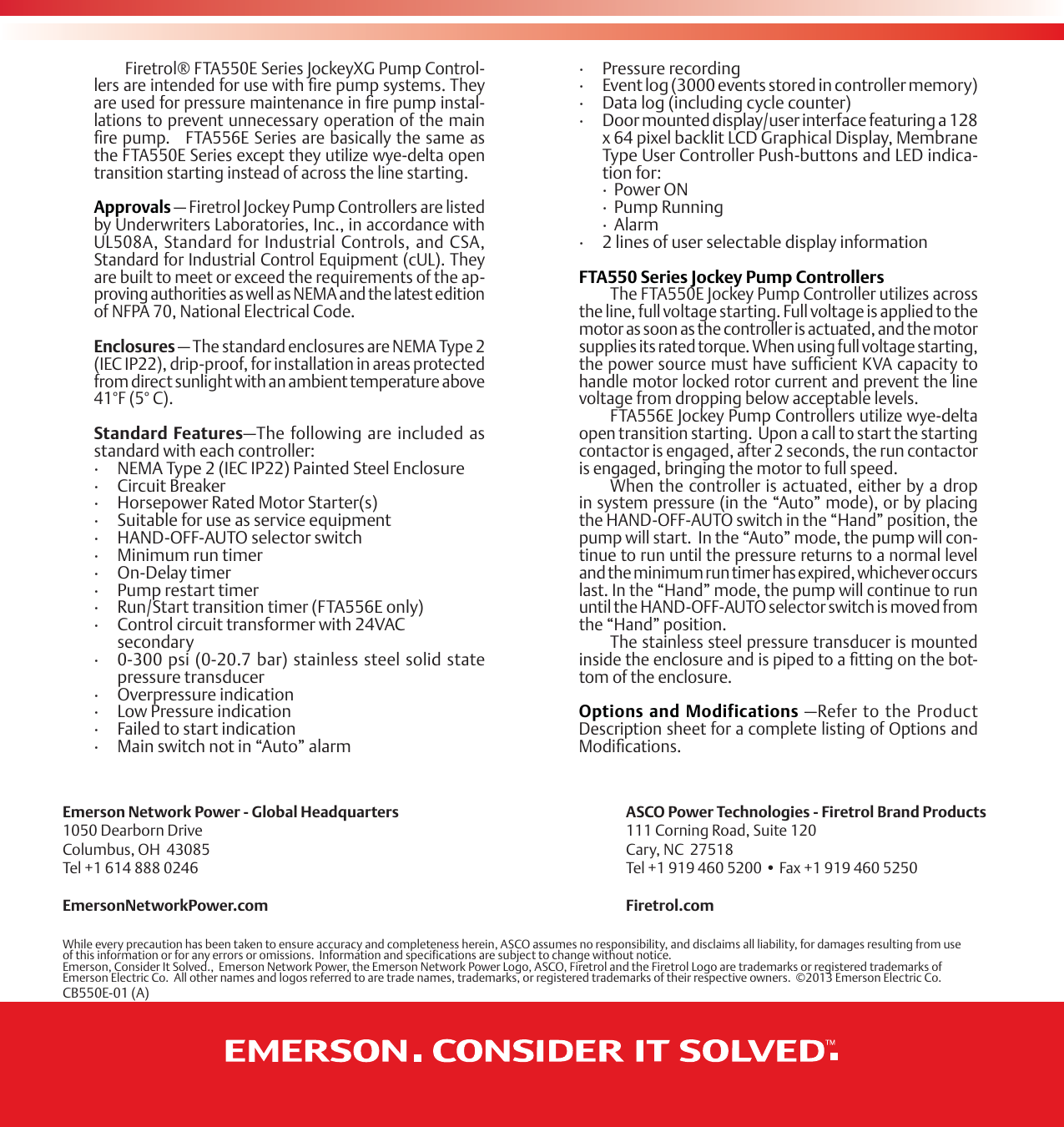 Emerson Firetrol Fta550E Xg Jockey Pump Controller Brochures And Data ...