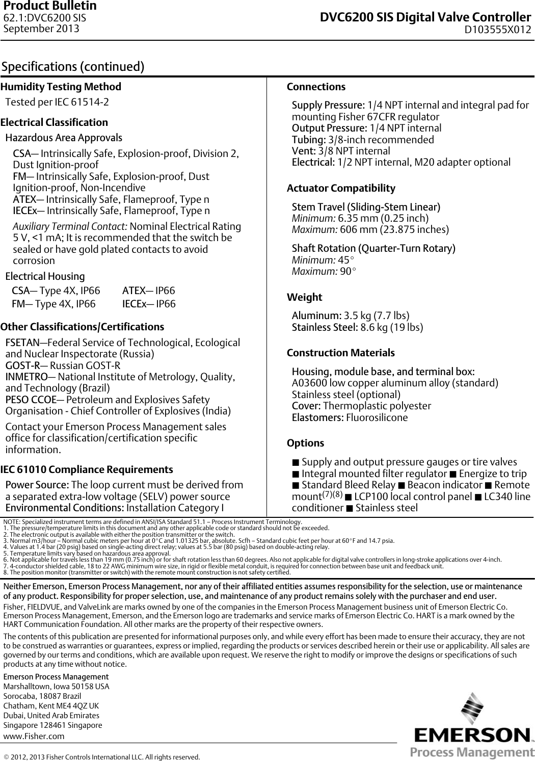 Emerson Fisher Fieldvuedvc6200 Sis Digital Valve Controller Data Sheet