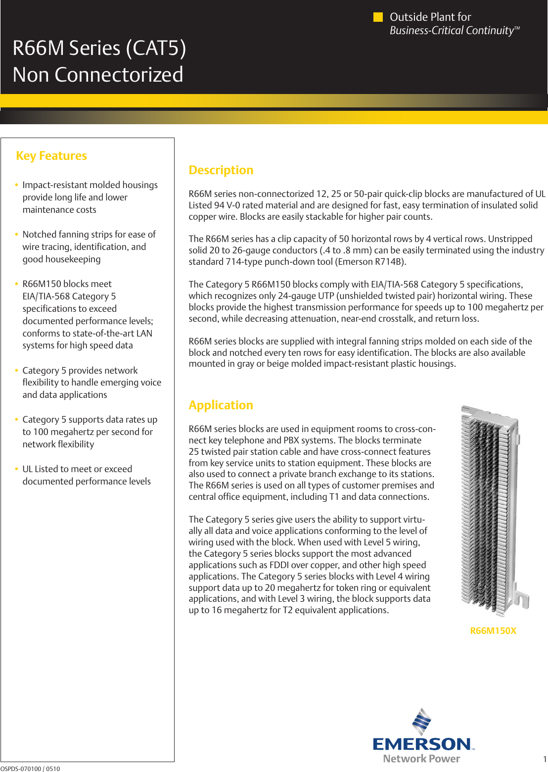 Emerson R66M Series And Category 5 Non Connectorized Brochures Data Sheets