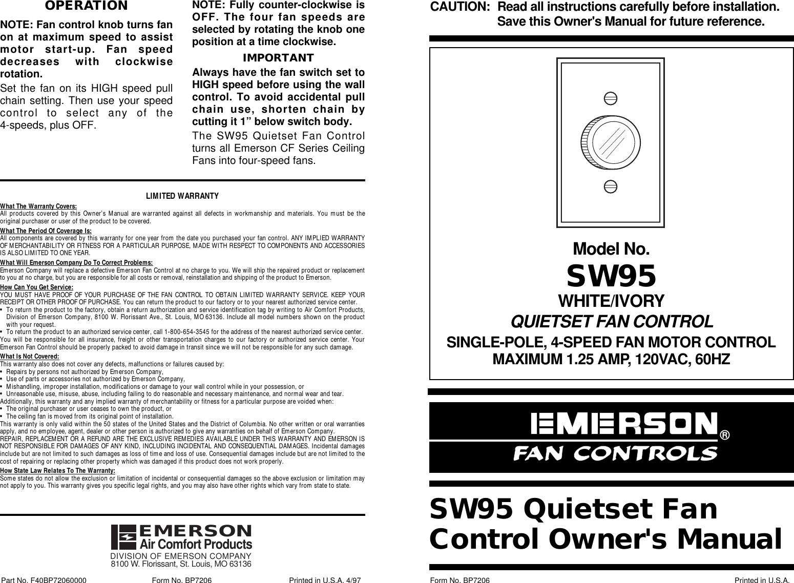 Emerson Sw95 Owners Manual BP7206