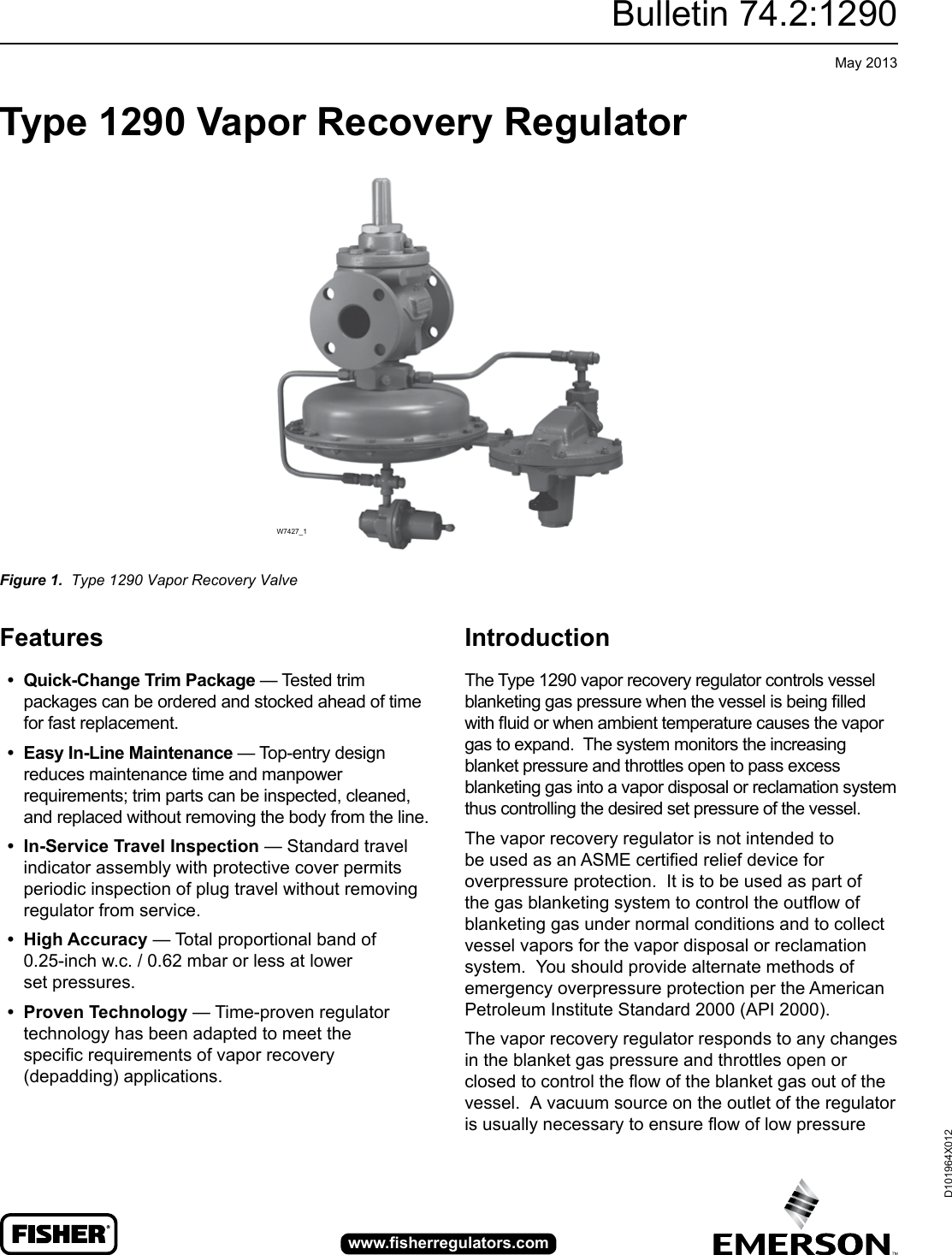 Emerson Type 1290 Vapor Recovery Regulator Data Sheet