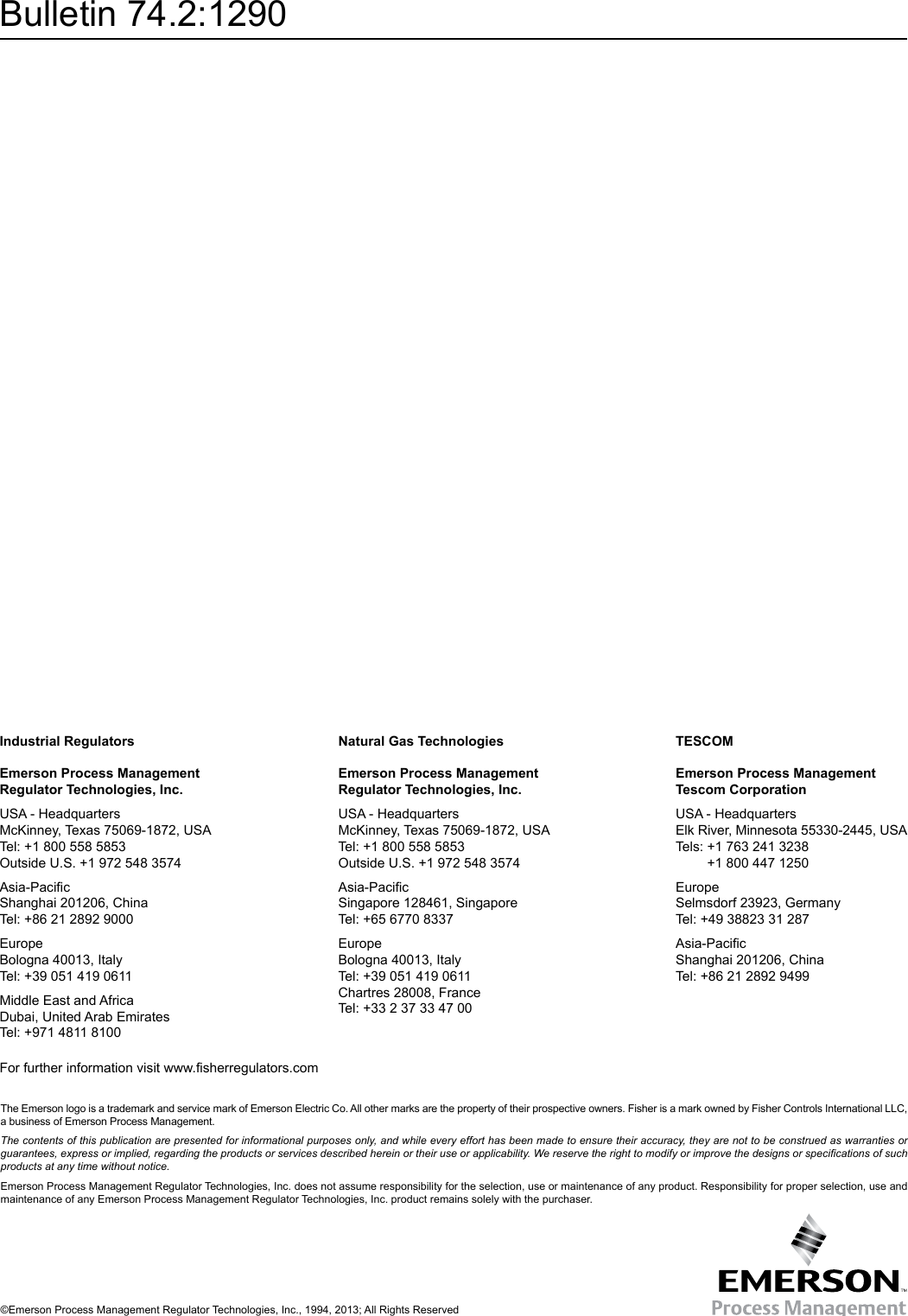 Emerson Type 1290 Vapor Recovery Regulator Data Sheet