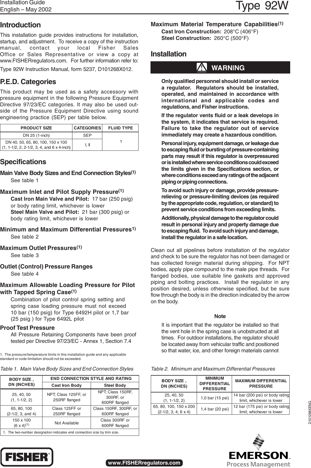 Emerson Type 92W Pressure Reducing Regulator Installation Guide 92W_IG.p65
