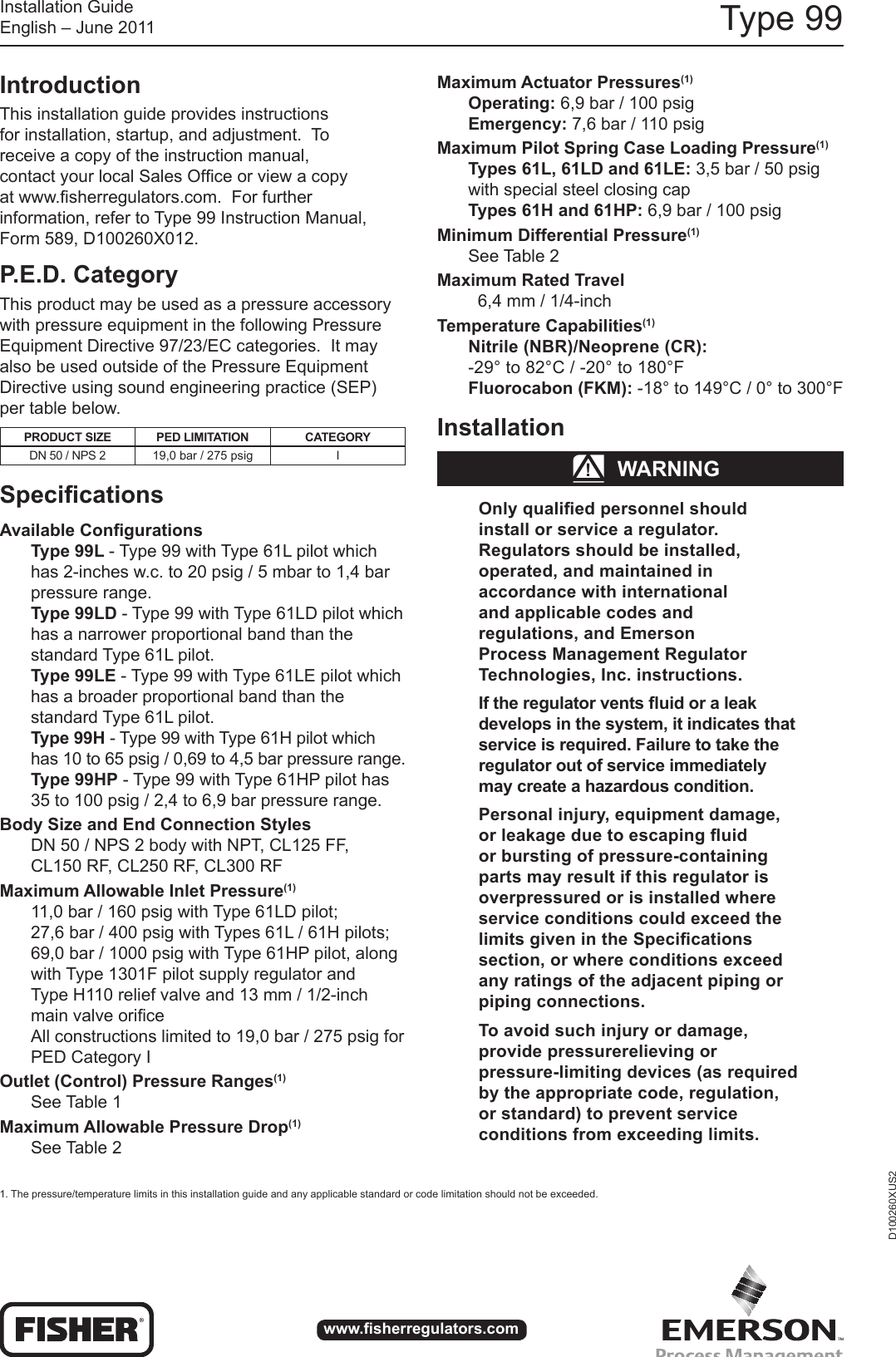 Emerson Type 99 Pressure Reducing Regulator Installation Guide