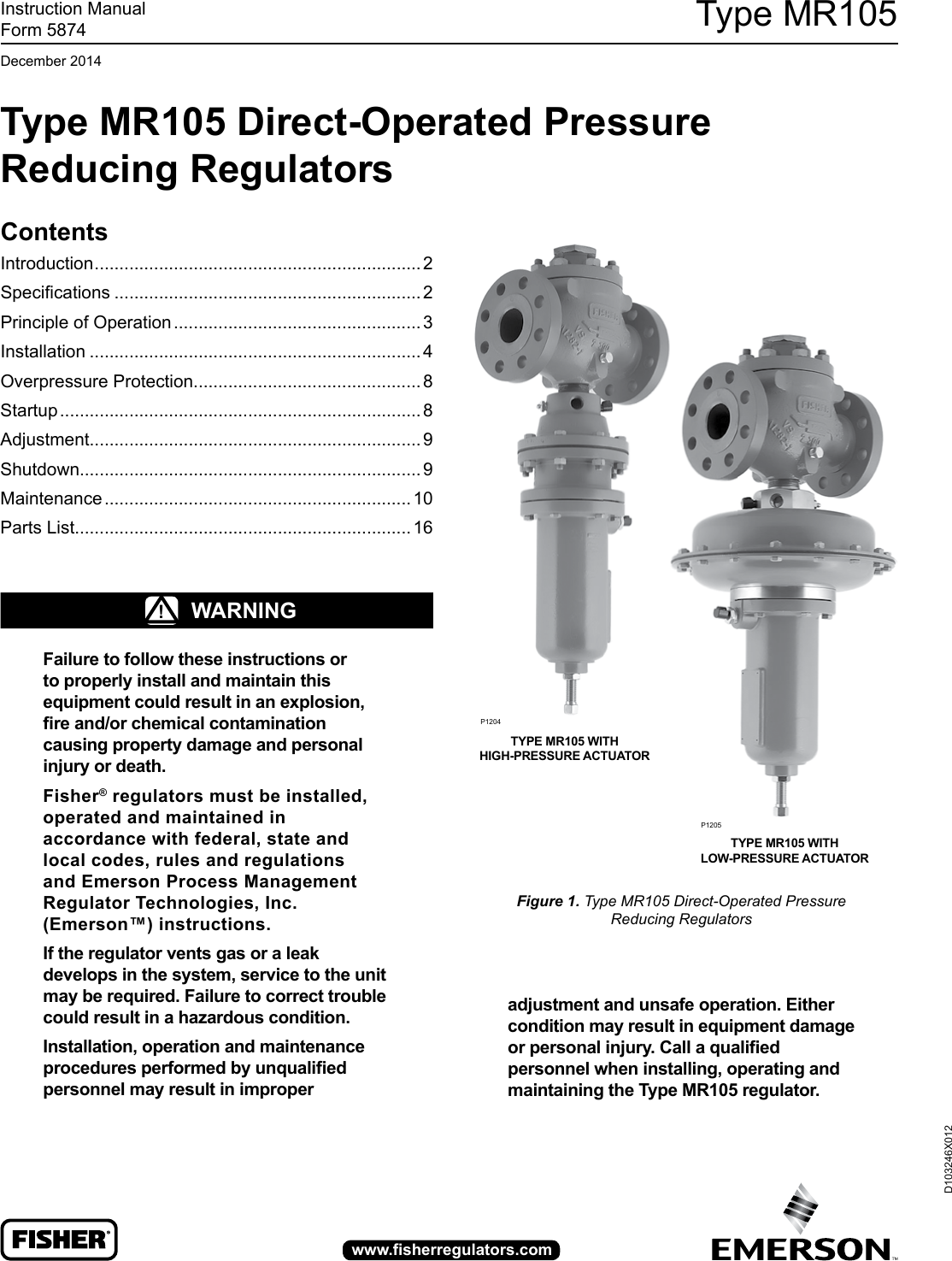 Emerson Type Mr105 Direct Operated Pressure Reducing Regulators ...
