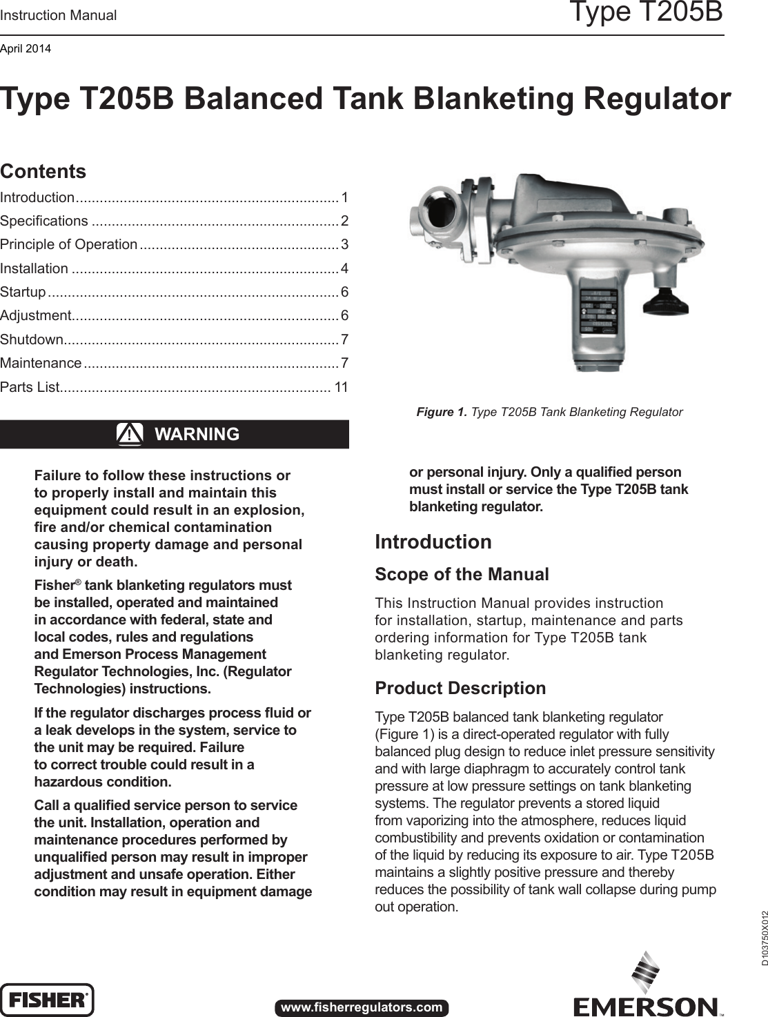 Emerson Type T205B Balanced Tank Blanketing Regulator Instruction Manual