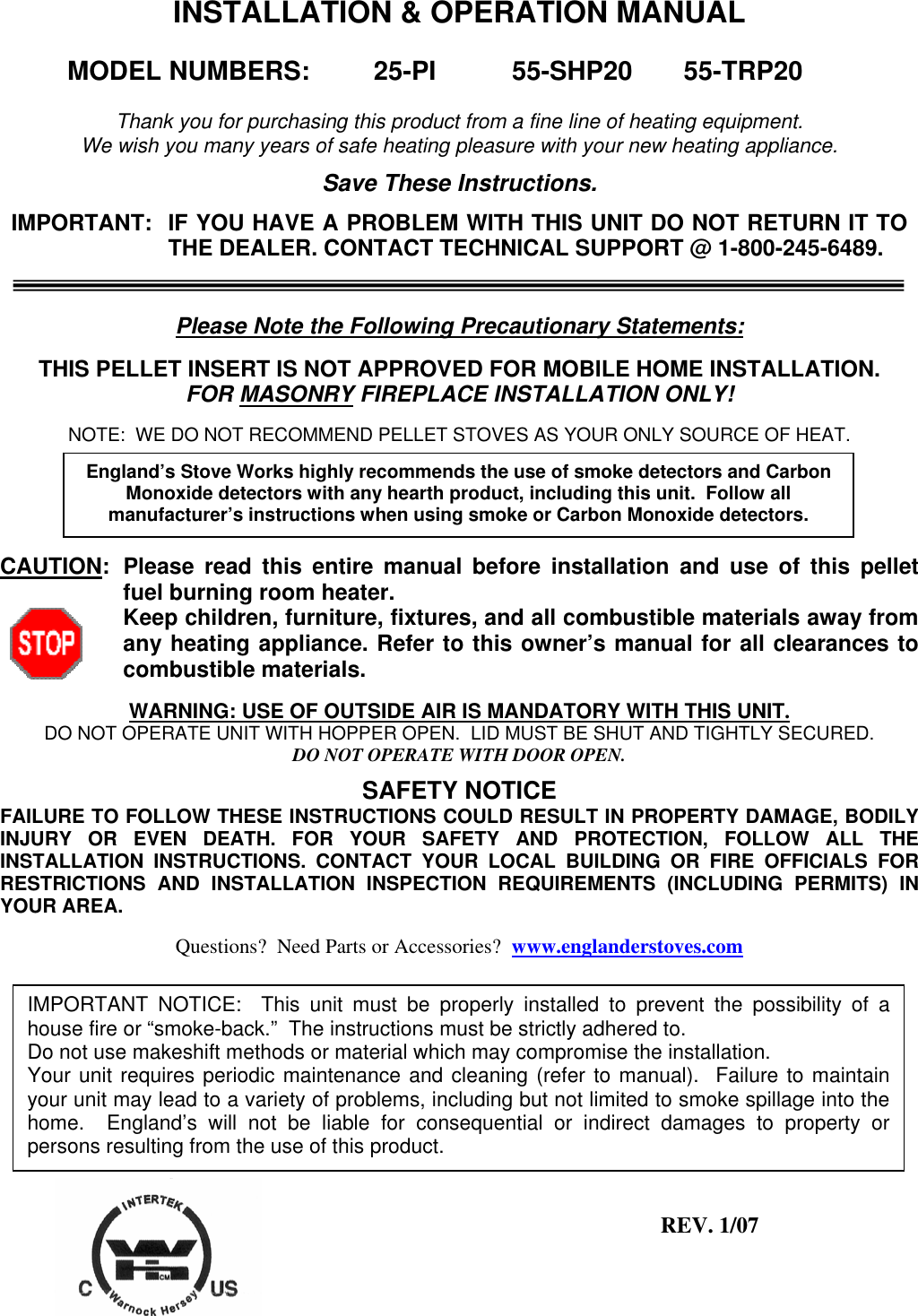 Englands Stove Works 25 Pi 55 Shp20 Or Trp20 Owners Manual INSTALLATION ...