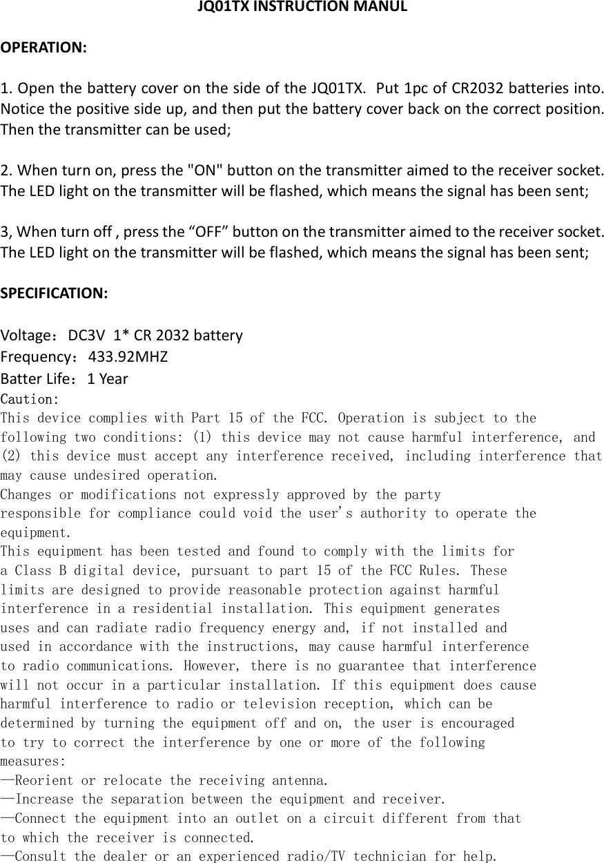 Enhance JQ01TX Transmitter User Manual