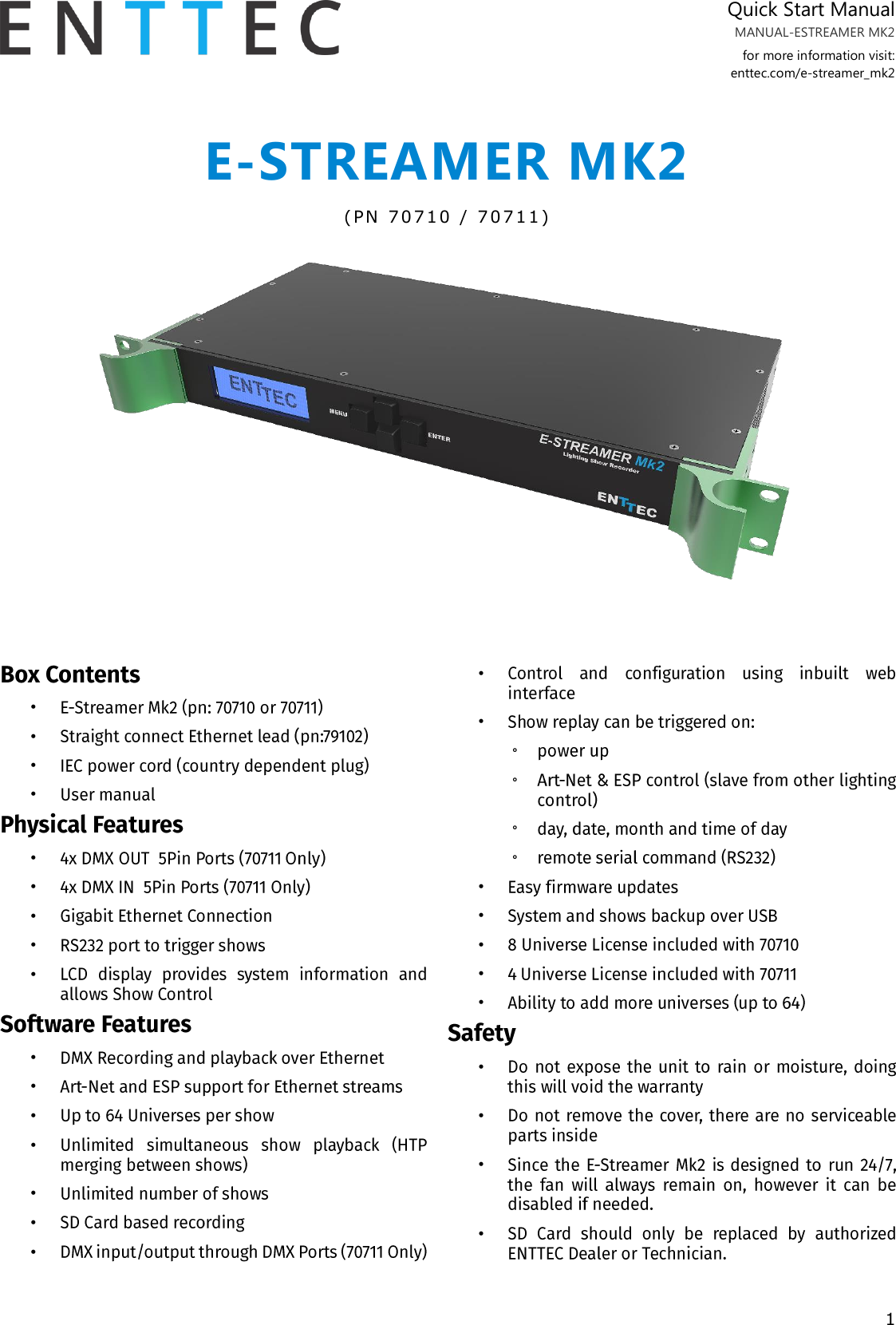 Enttec 70711 E Streamer Mk2 User Manual ESTREAMER