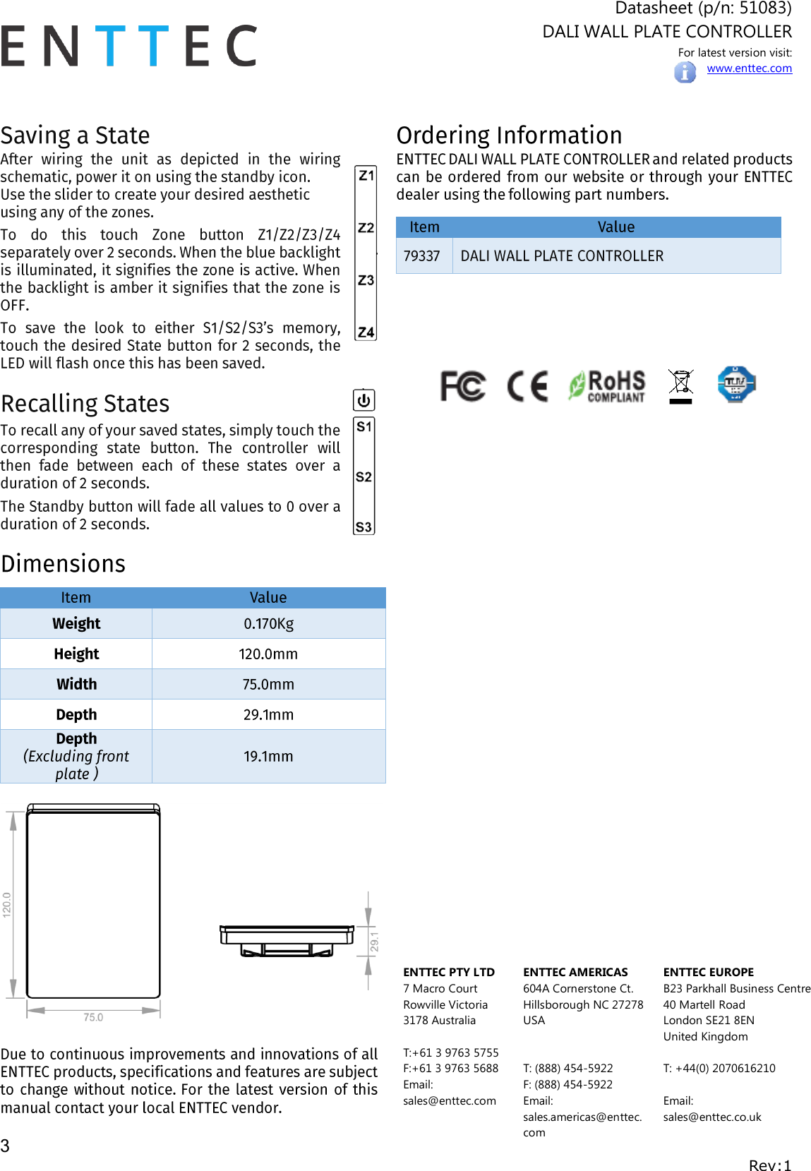 Enttec Dali Wall Plate Controller Datasheet User Manual