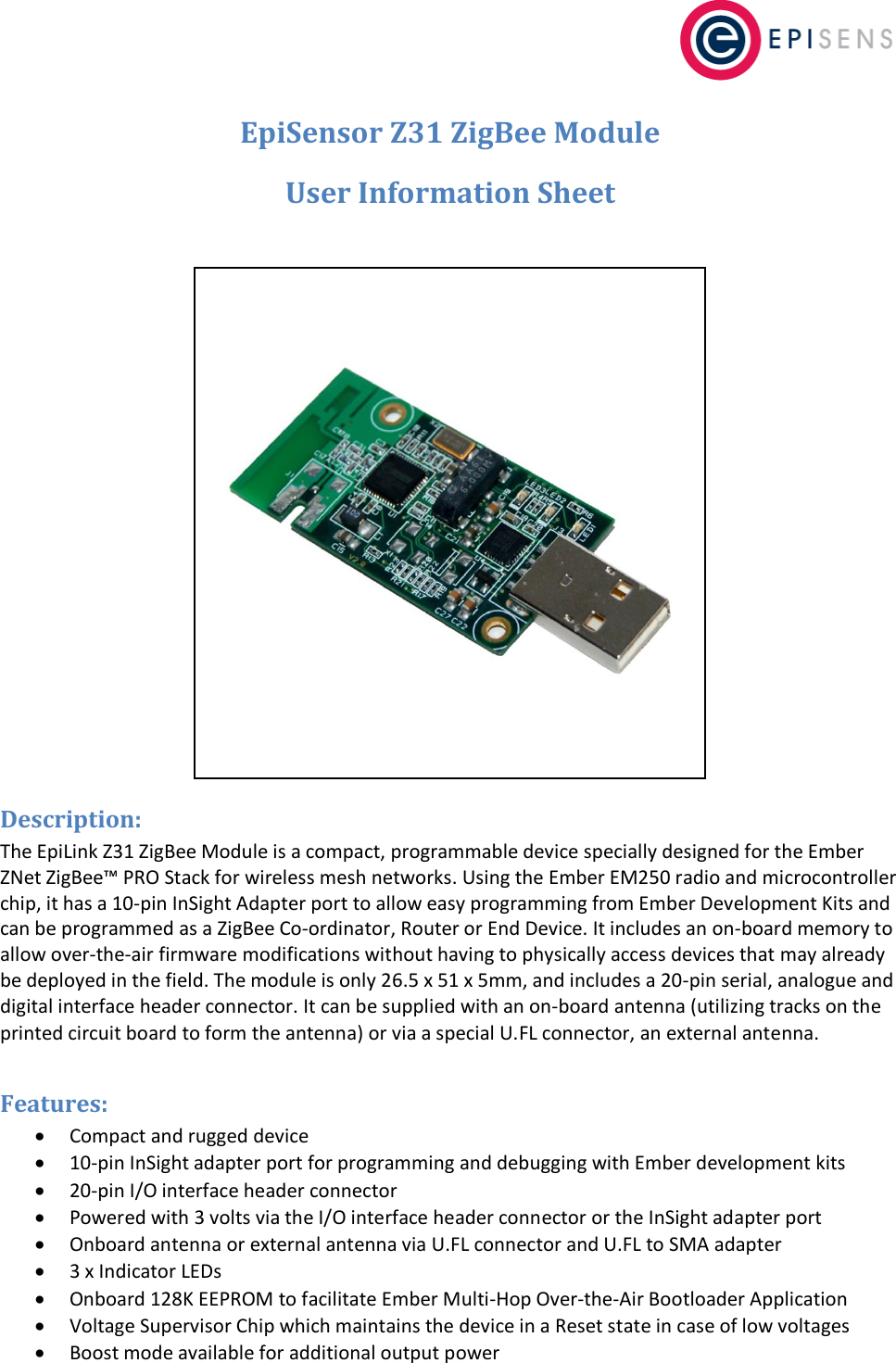 Episensor EPIZ31MOD001 ZIGBEE MODULE FOR WIRELESS NETWORKS User Manual