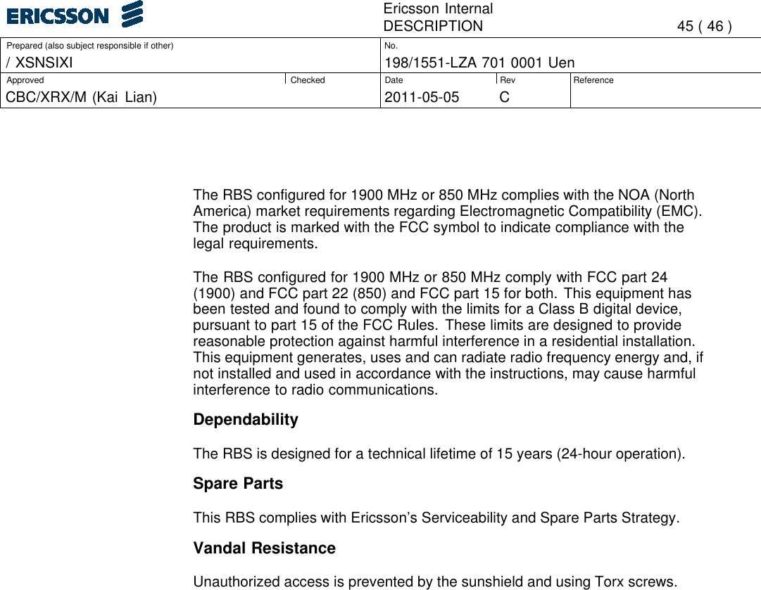 Ericsson GKRC161170-4 GSM/GPRS 850 Transmitter User Manual PubTeX ...