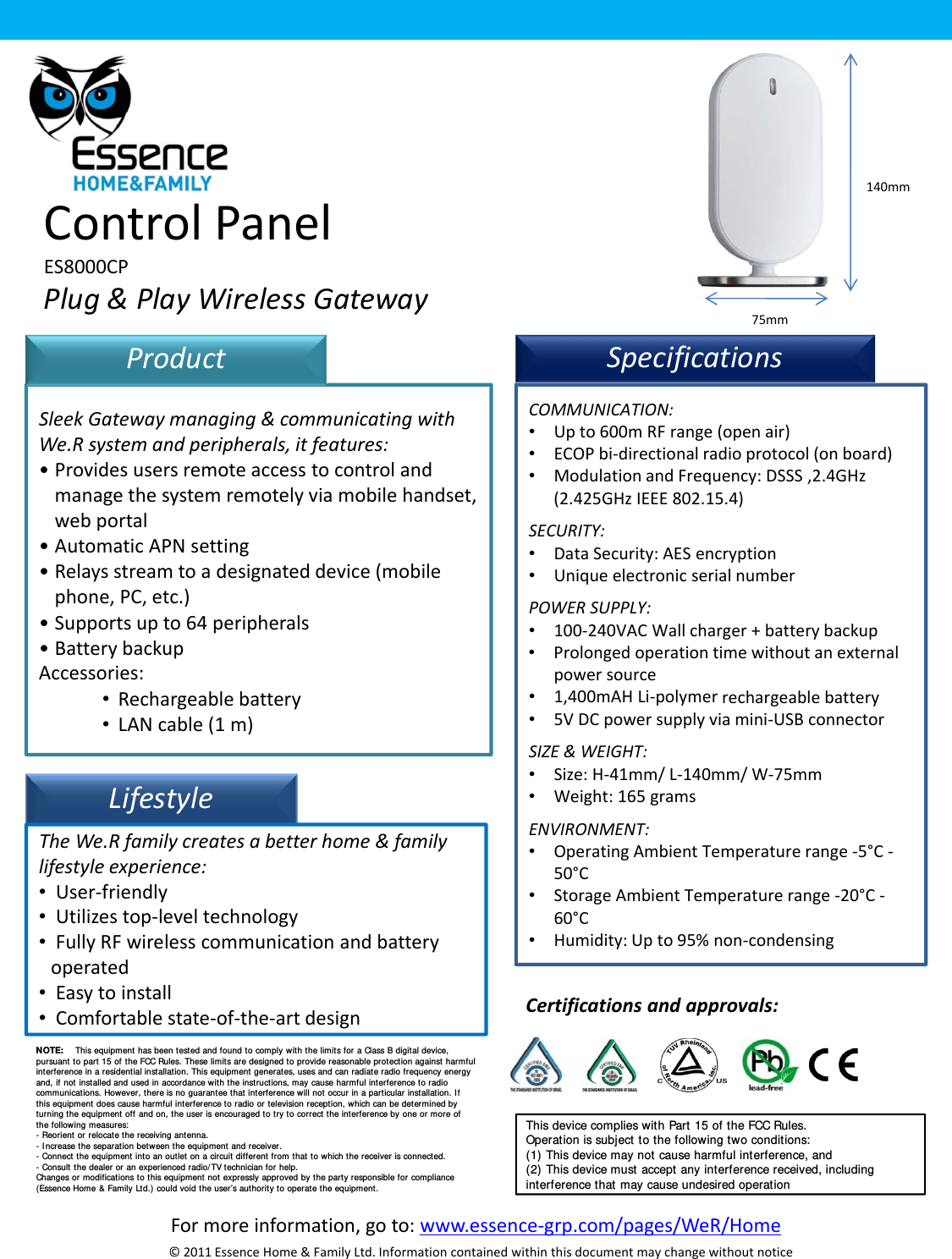 Essence Home and Family ES8000CP Wireless control panel User Manual ...