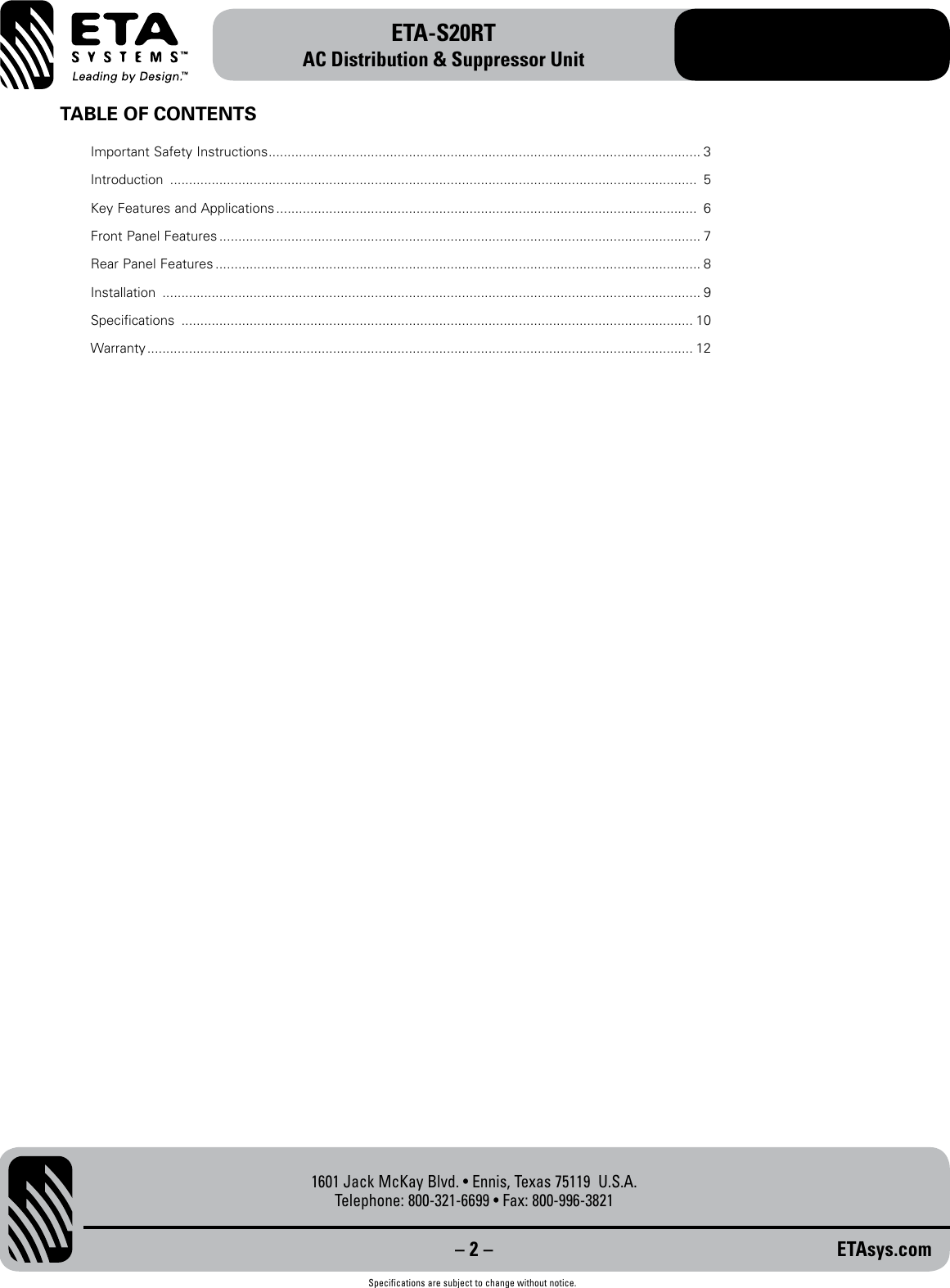 Eta Systems Impact Driver S20Rt Users Manual