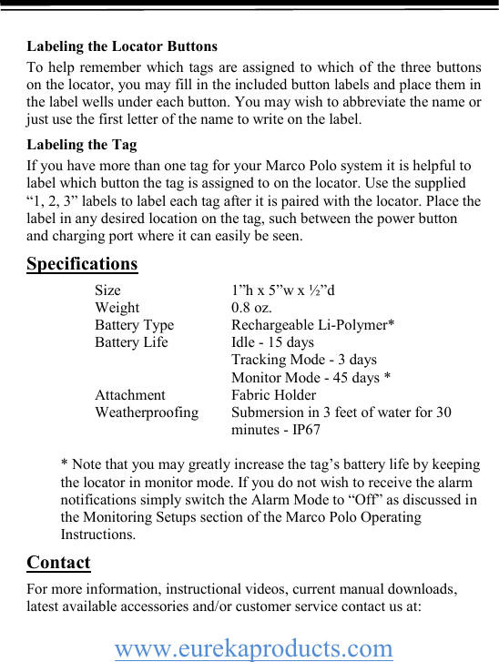 Eureka Technology Partners MPT-201 Tracking Tag User Manual