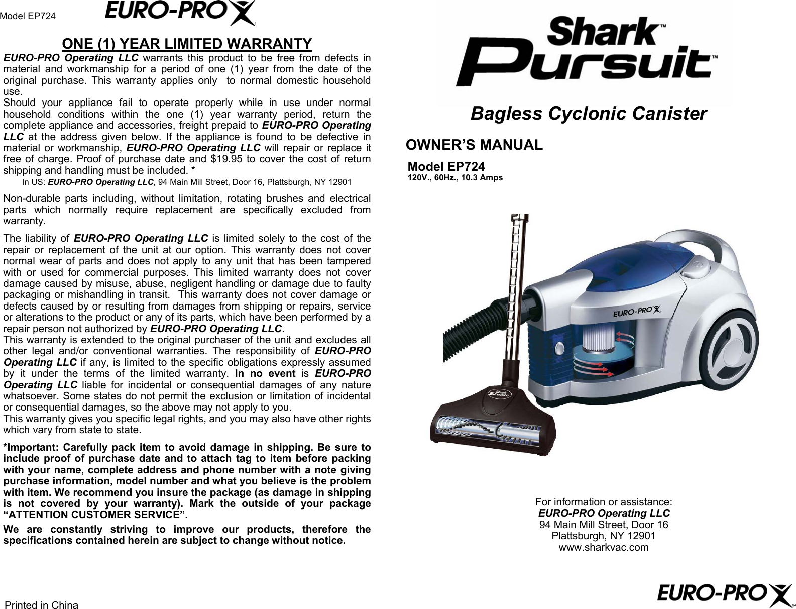 Euro Pro Pursuit Ep724 Users Manual No
