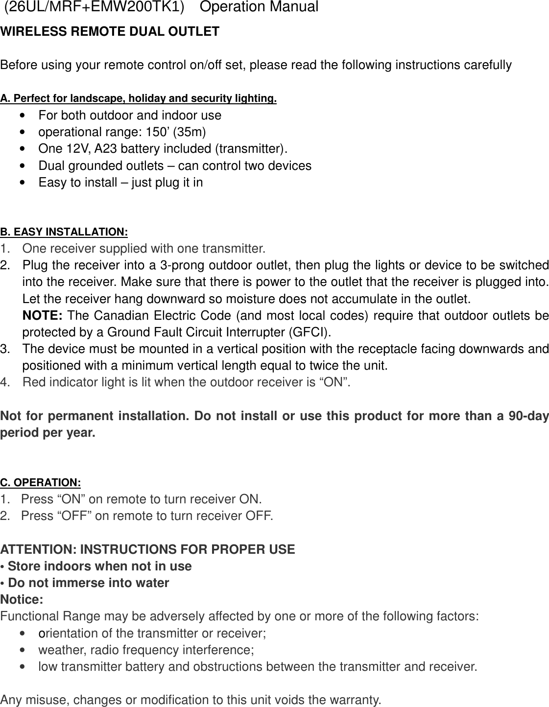 Everflourish Electrical EF200TK Transmitter User Manual 26UL MRF ...