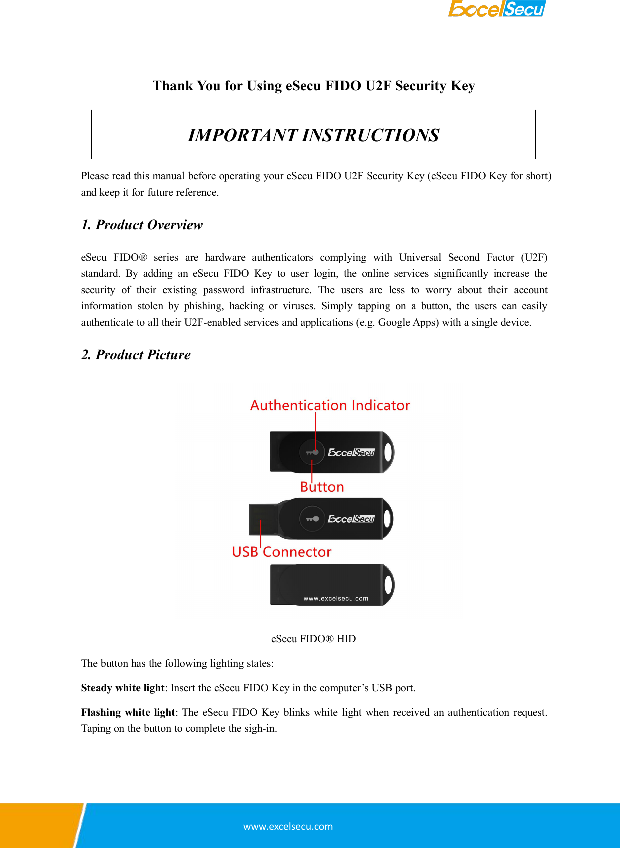 Excelsecu Data Technology FD200 eSecuFIDO BLE U2F Security Key User ...