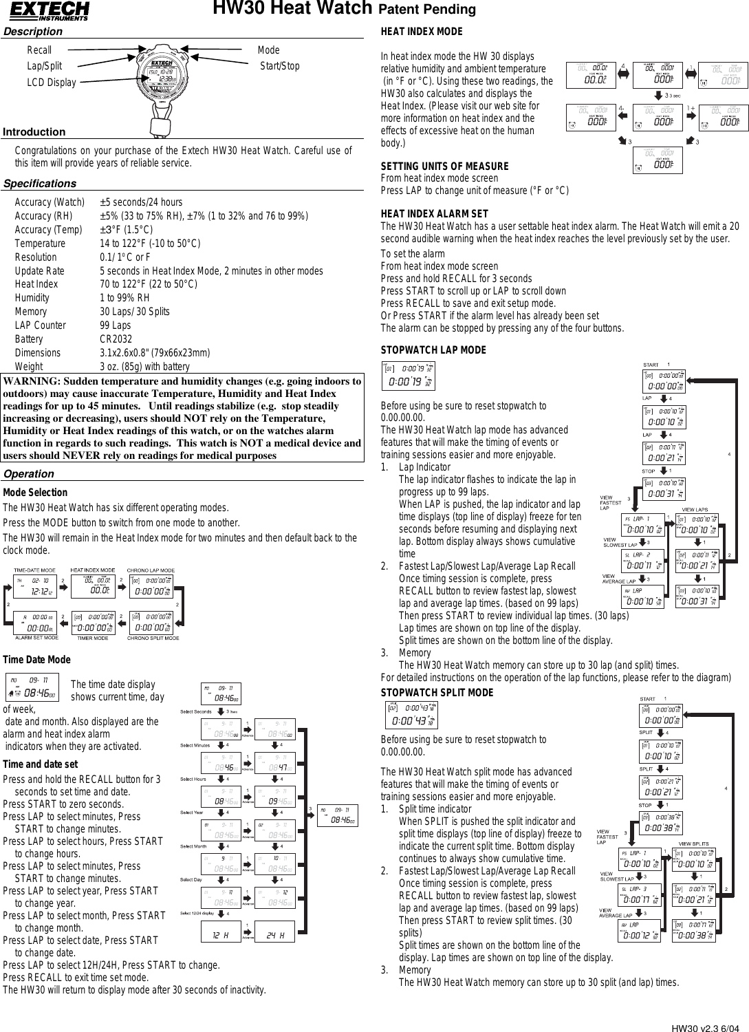 Extech Instruments Hw30 Users Manual Heat Watch Vendor Version